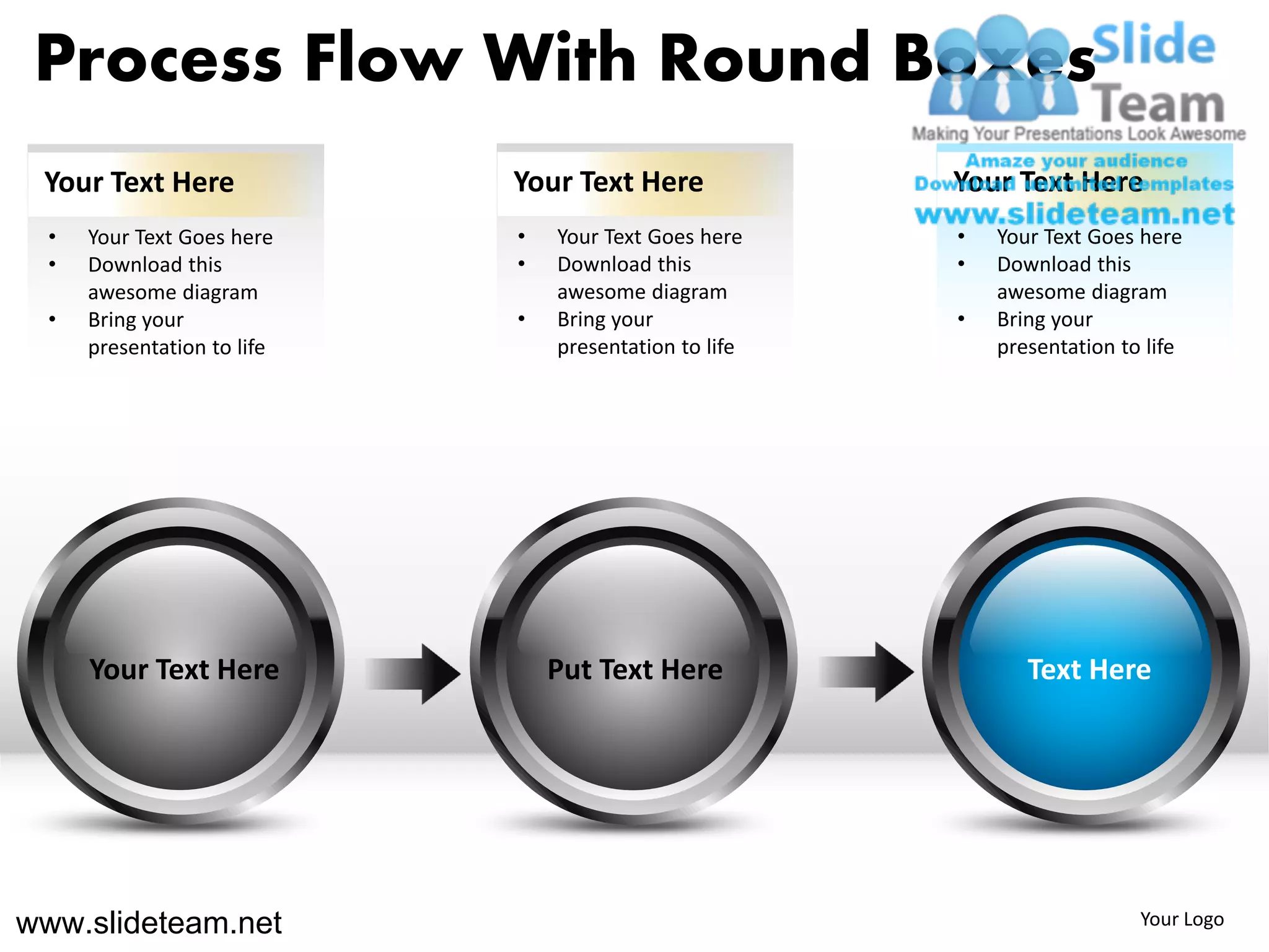 Process flow with round boxes powerpoint ppt slides. | PPT