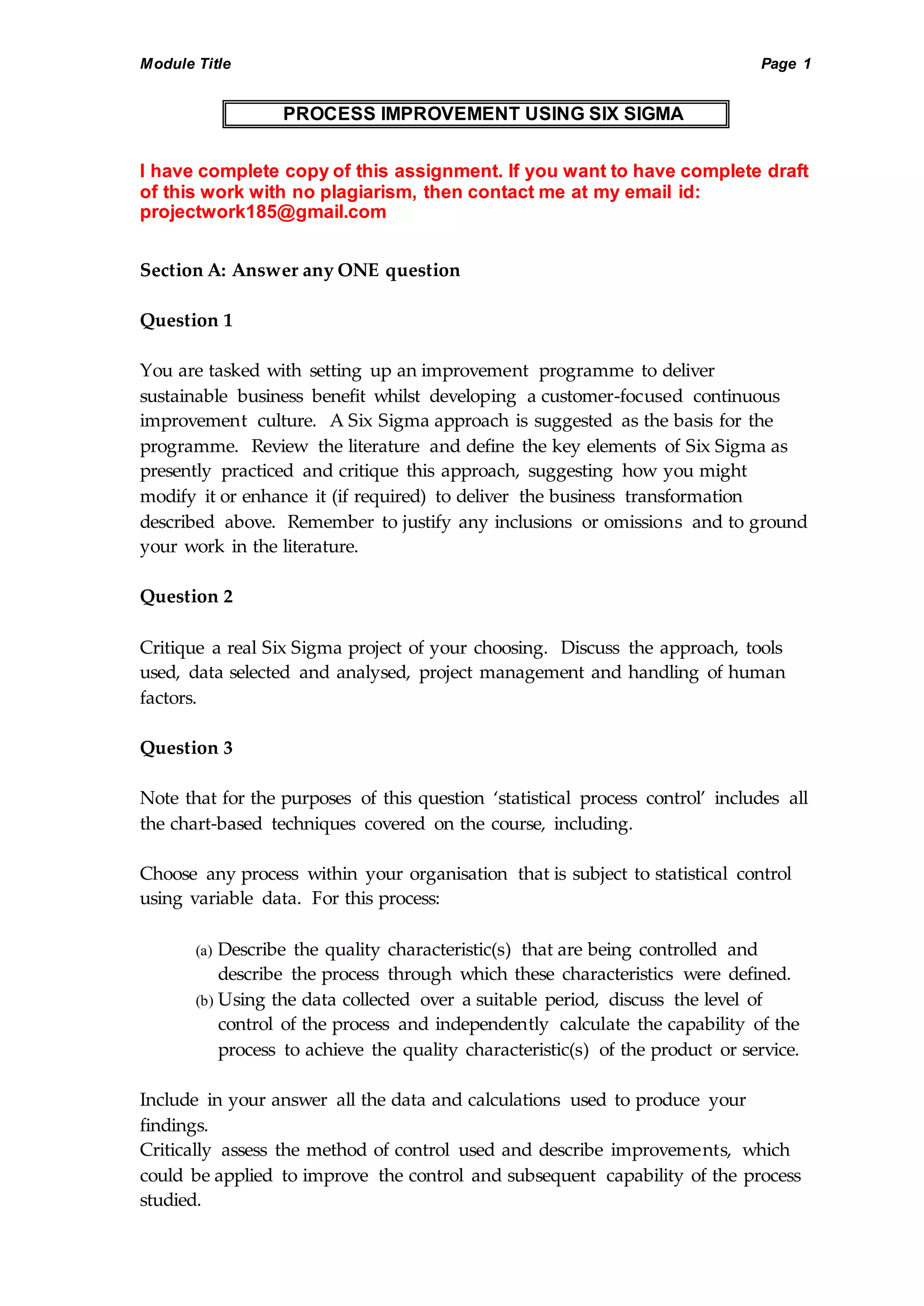 Process improvement using six sigma (1) | DOCX