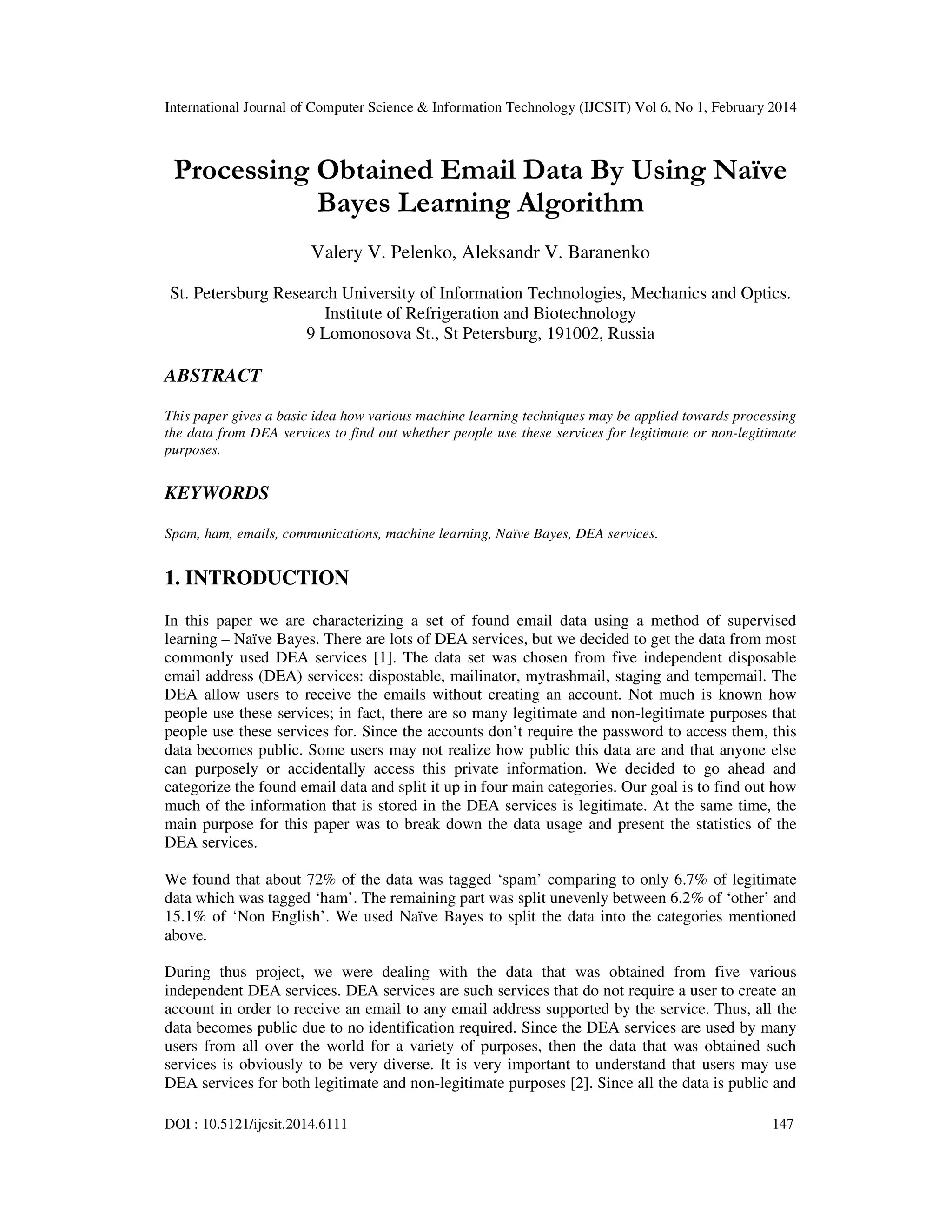 Processing Obtained Email Data By Using Naïve Bayes Learning Algorithm