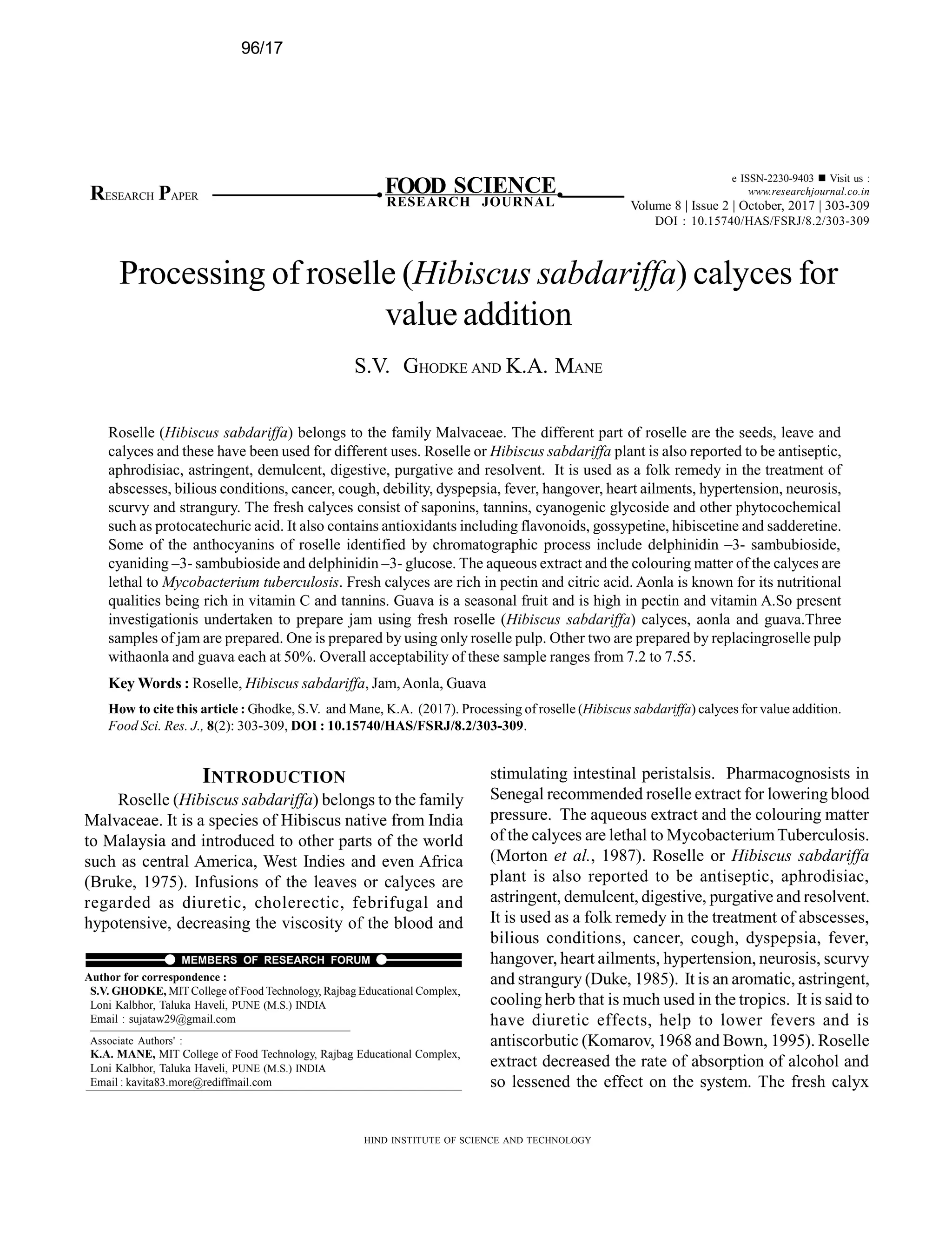 Processing of roselle (Hibiscus sabdariffa) calyces for value addition | PDF