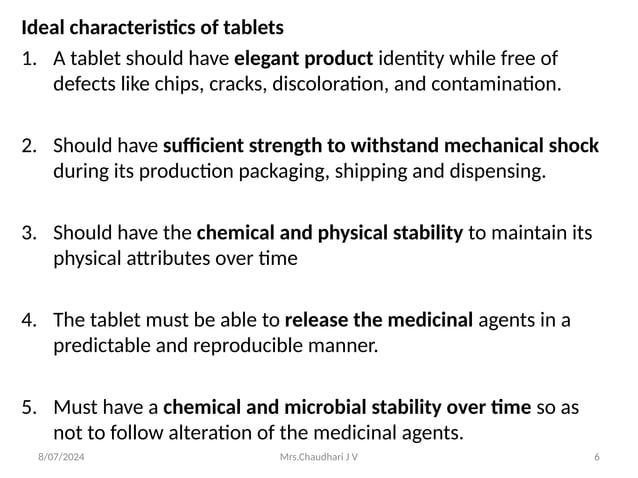 Tablets Introduction Ideal Characteristics Of Tablets Classification