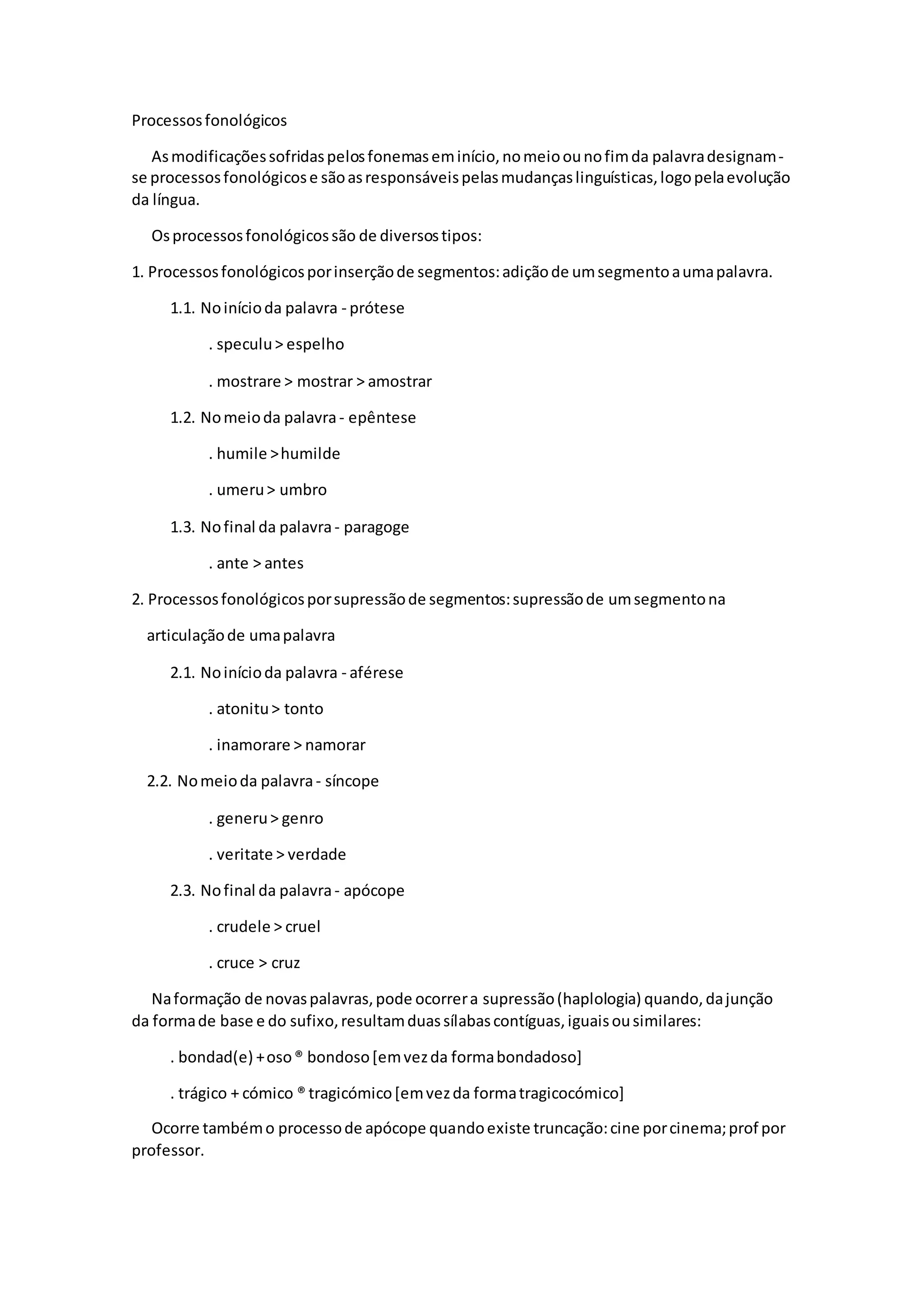 Processos fonológicos | DOCX