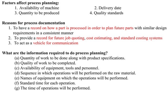PROCESS PLANNING process parameter details | PPT | Technology & Computing