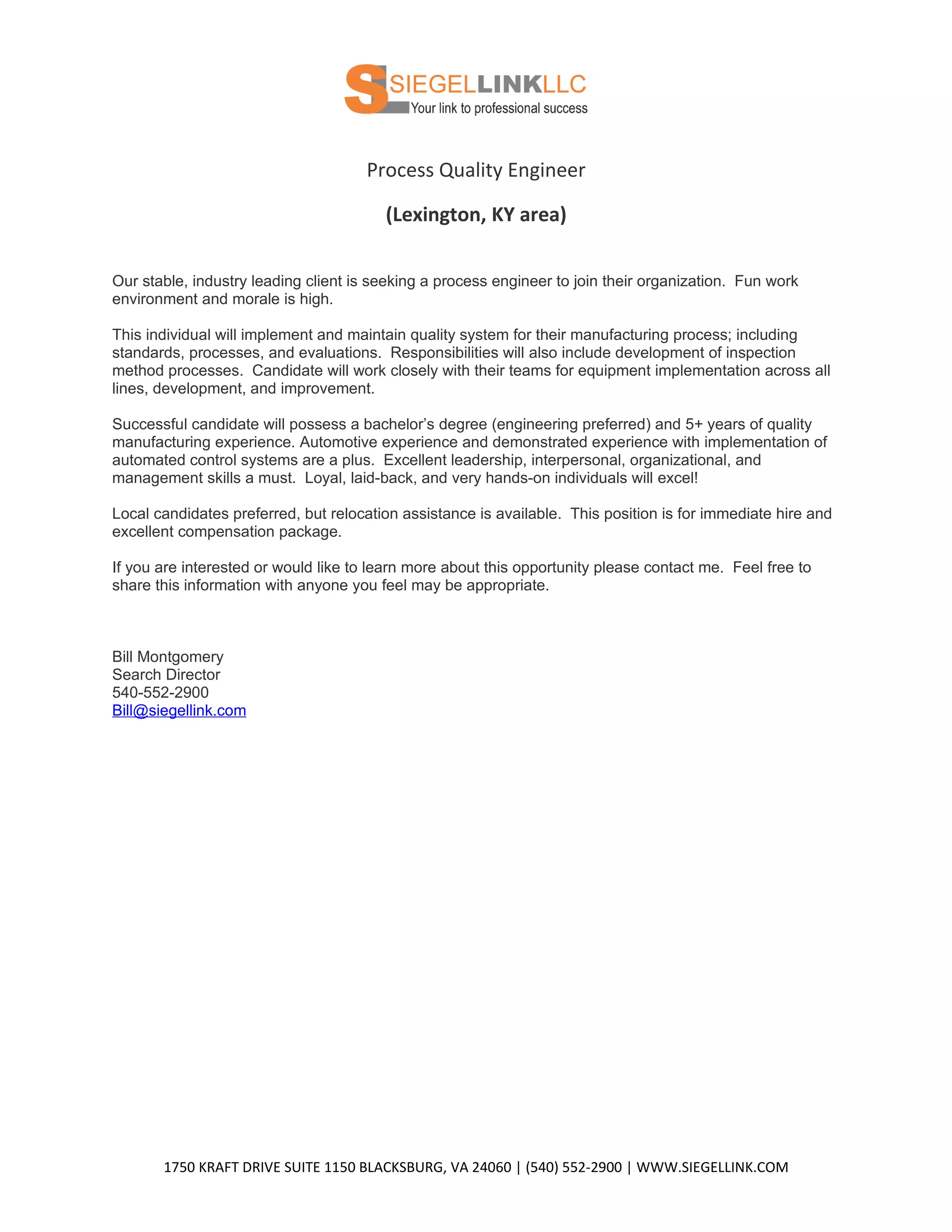 Process quality engineer | DOC | Business | Business and Finance