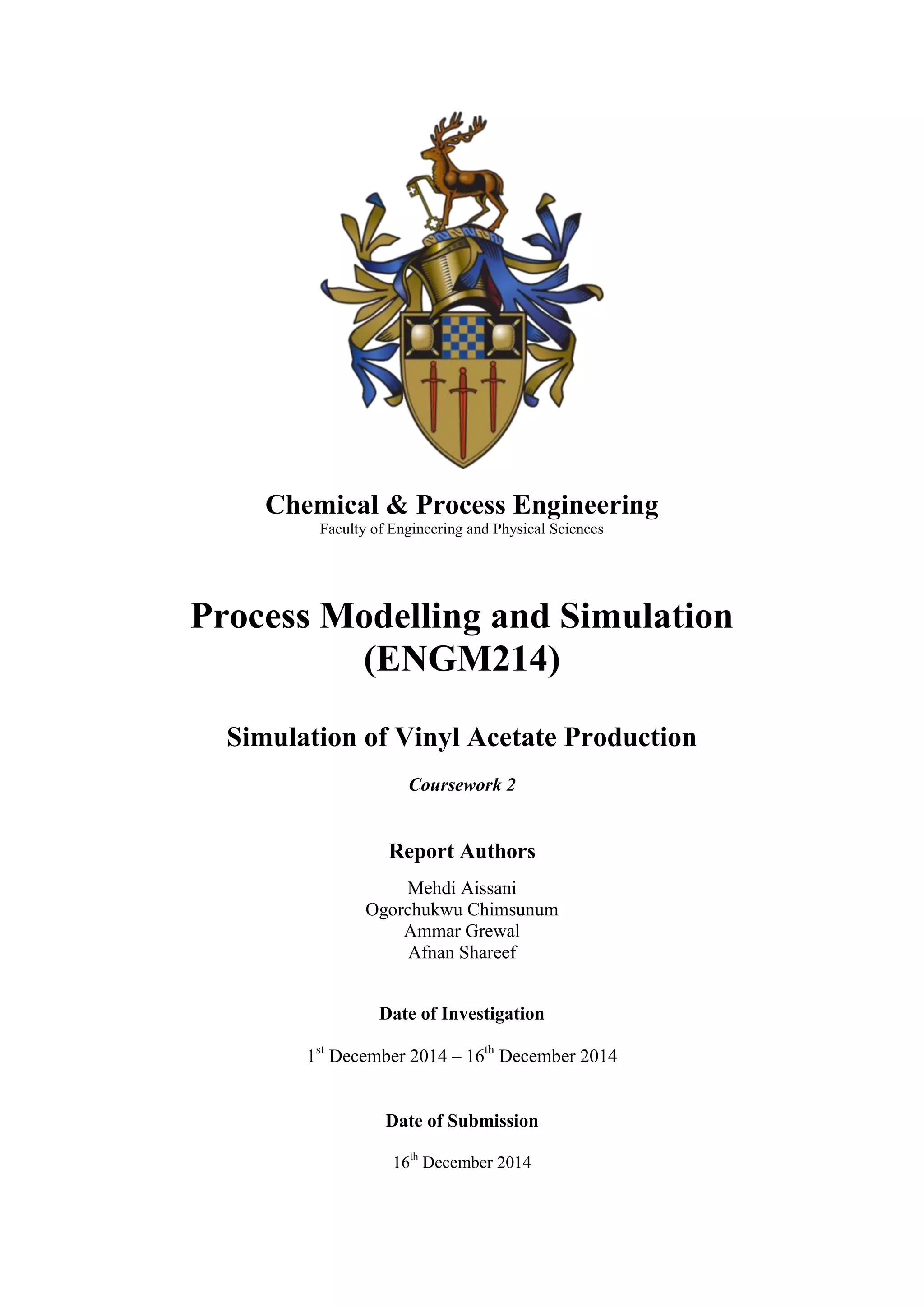 Simulation of Vinyl Acetate Production | PDF
