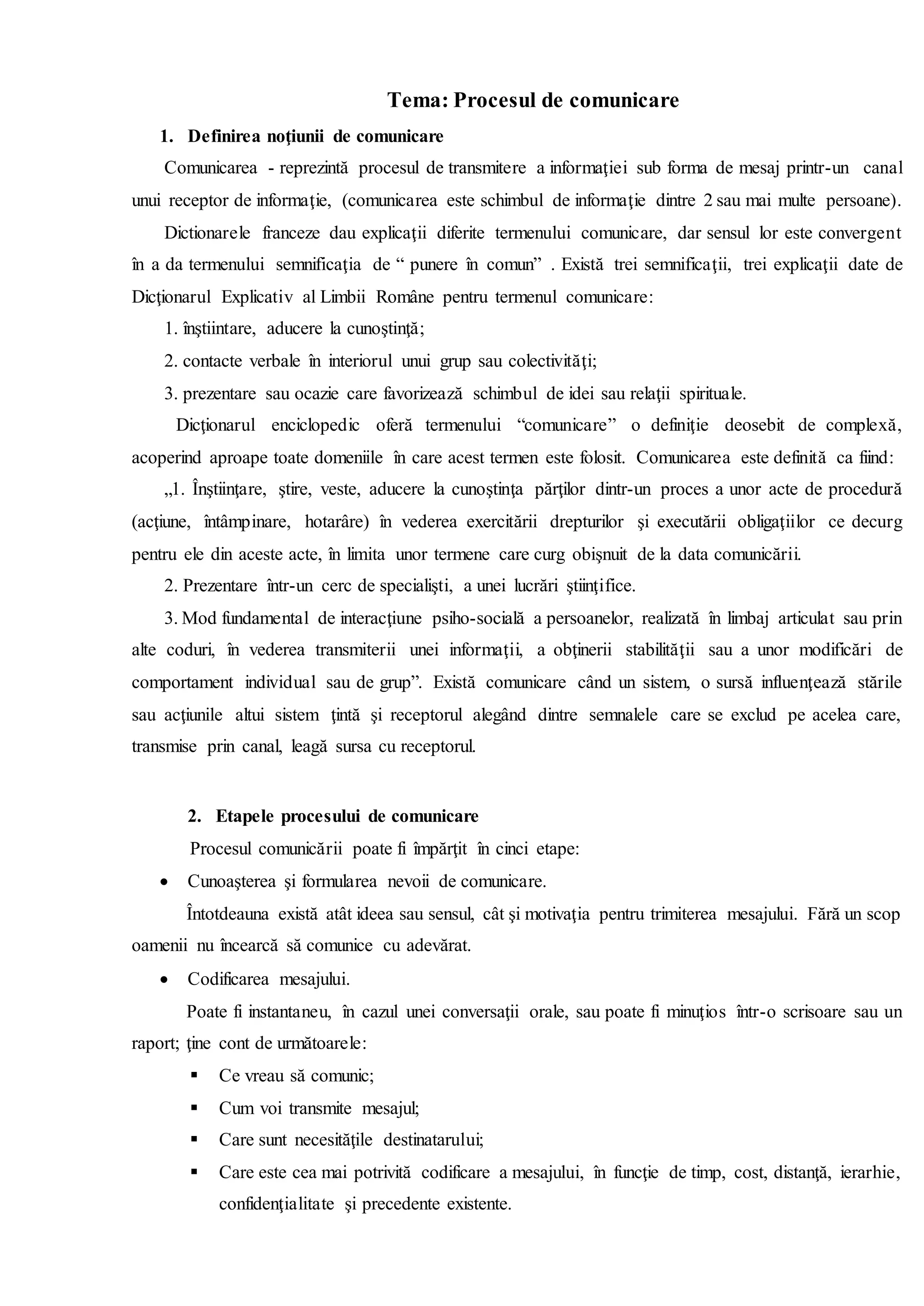 Procesul de comunicare curs | DOCX
