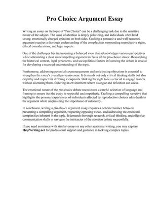 Pro Choice Argument Essay. Southwest Tennessee Community College | PDF ...