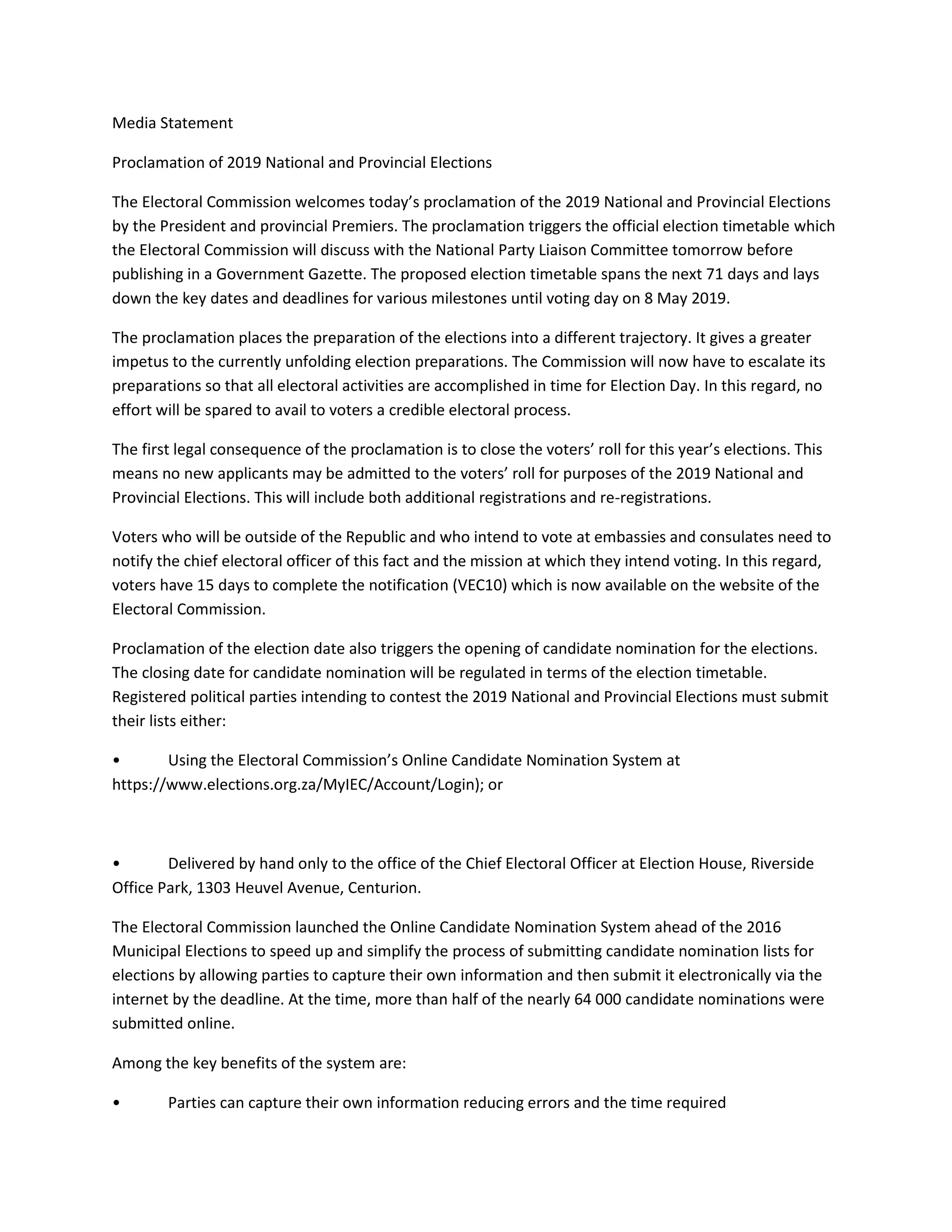 Proclamation of 2019 National and Provincial Elections | PDF