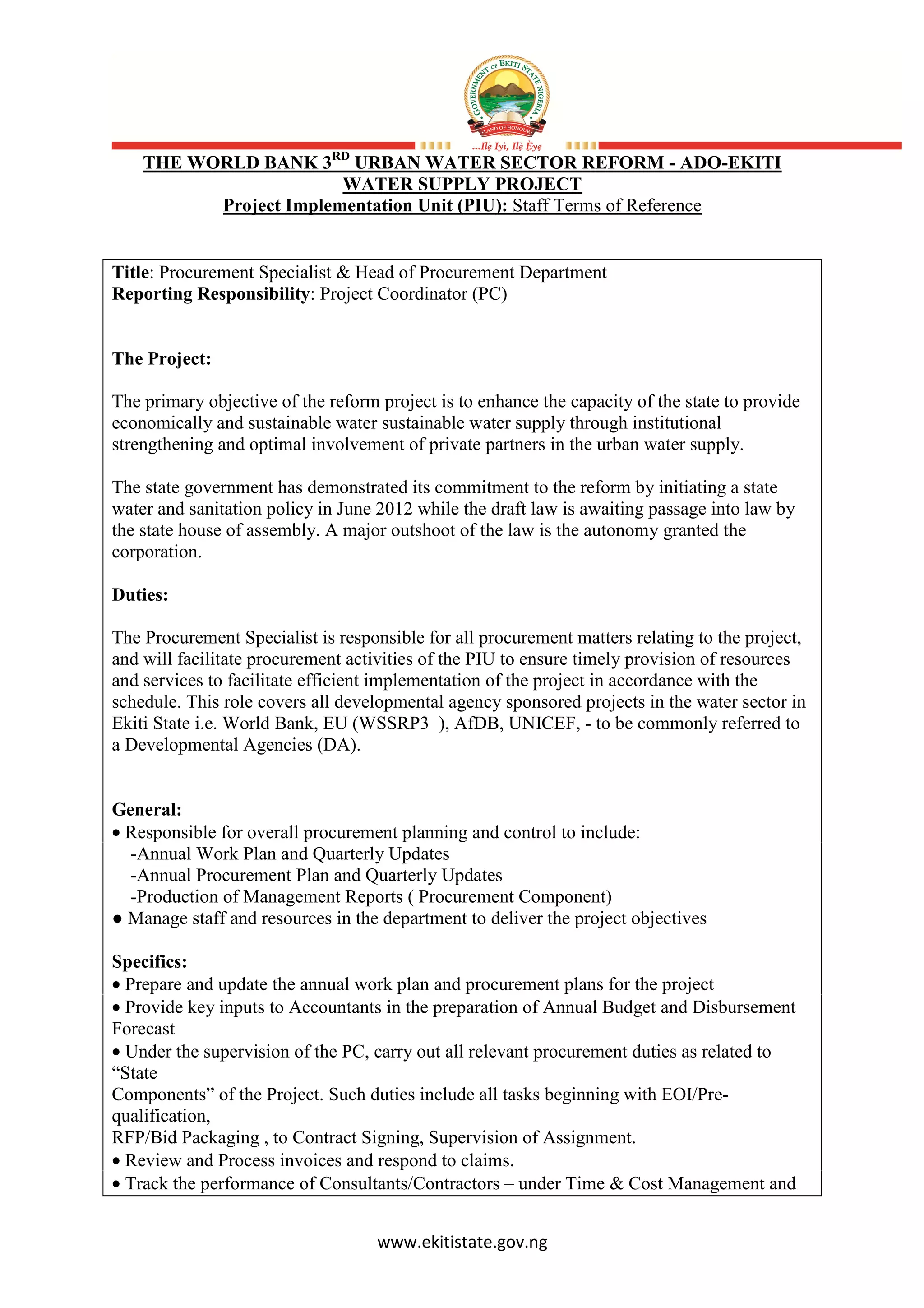 Procurement Specialist & Head Of Procurement Department - Staff Terms ...