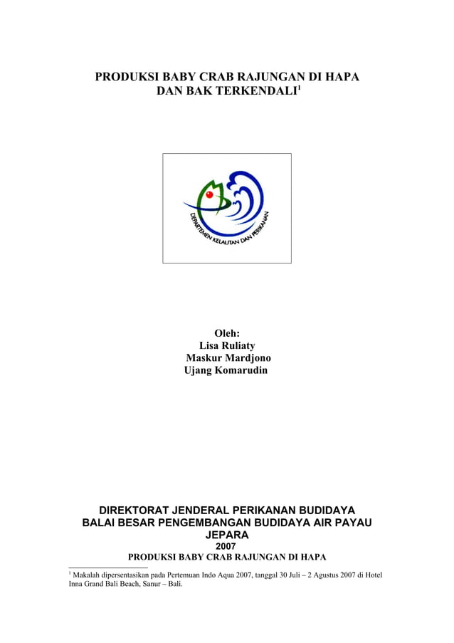PRODUKSI BABY CRAB RAJUNGAN DI HAPA DAN BAK TERKENDALI | PDF