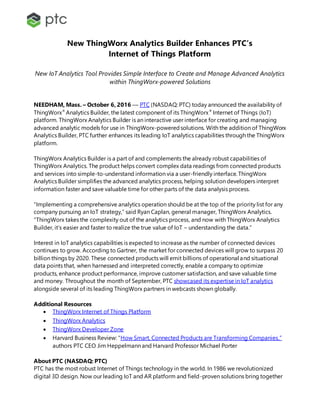 New ThingWorx Analytics Builder Enhances PTC’s Internet of Things Platform | PDF