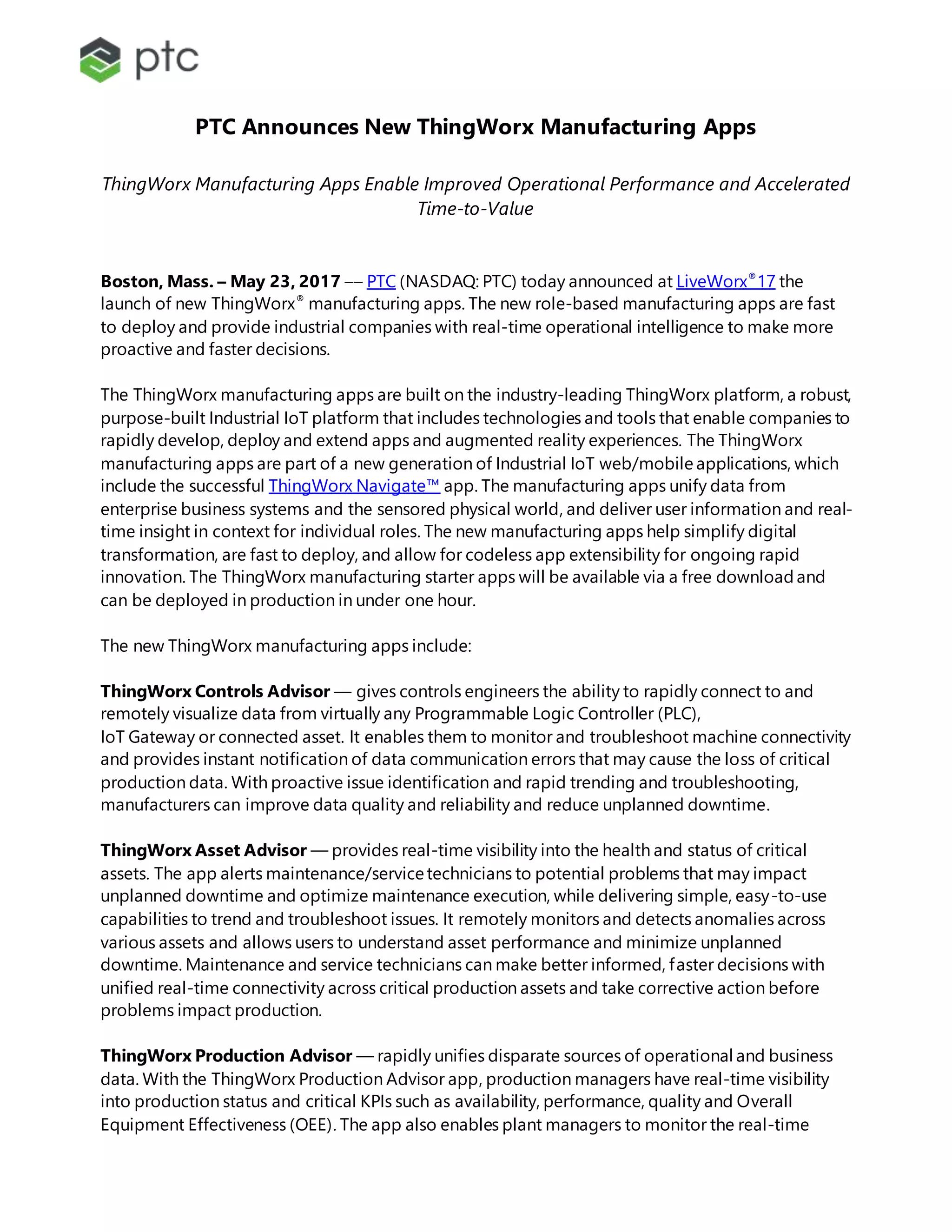 Ptc Announces New Thingworx Manufacturing Apps Pdf