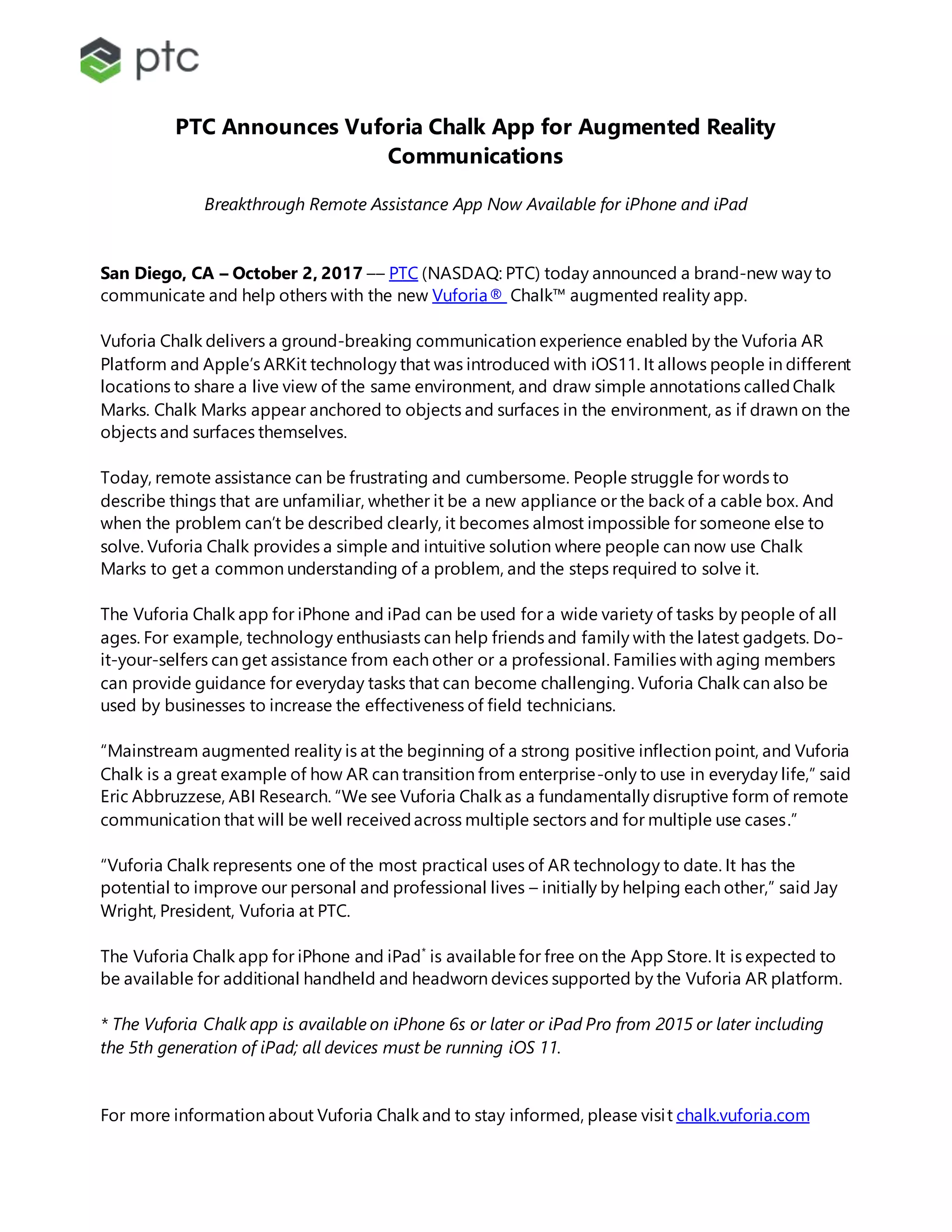 PTC Announces Vuforia Chalk App for Augmented Reality Communications | DOCX
