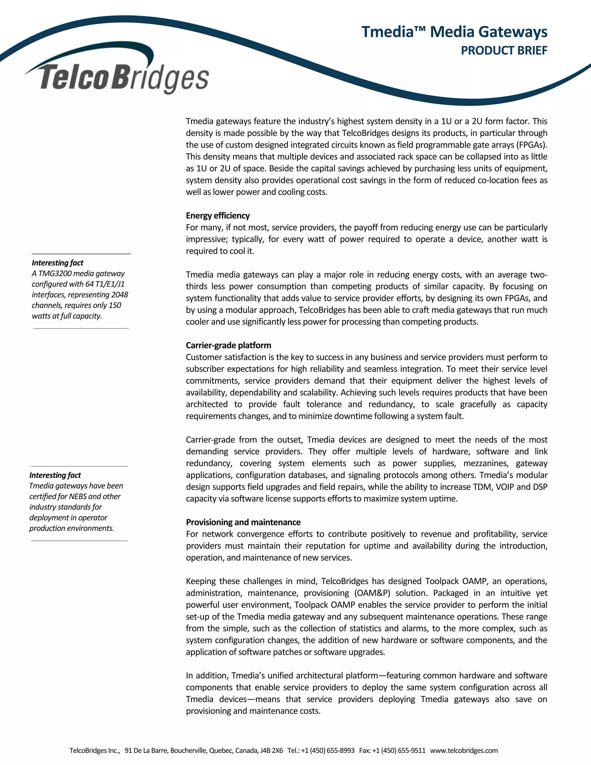 Product brief - telco bridges -- tmedia media gateways | PDF | Computer ...