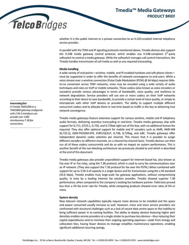 Product brief - telco bridges -- tmedia media gateways | PDF | Computer ...