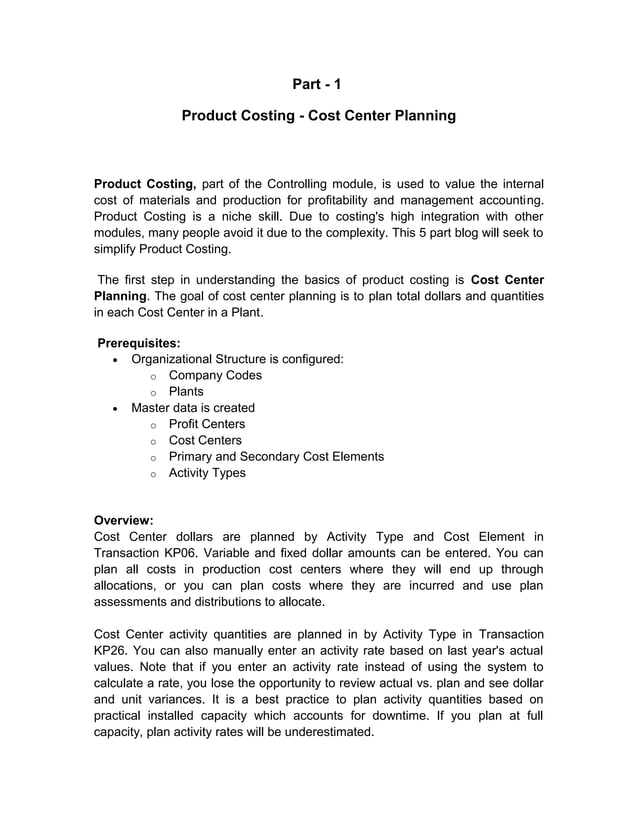Product costing part1-cost center planning | PDF
