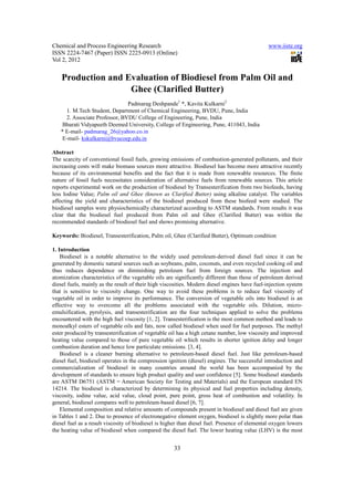 Production and evaluation of biodiesel from palm oil and ghee ...