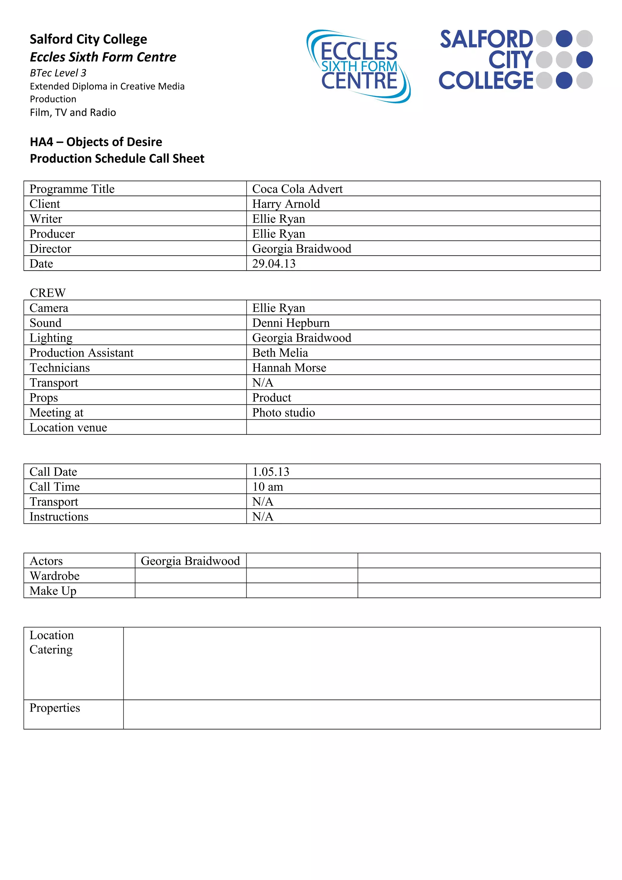 Production call sheet | DOC