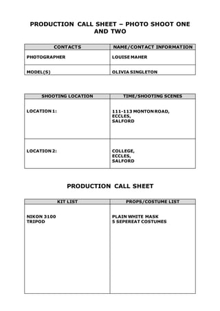 Production call sheet | DOCX