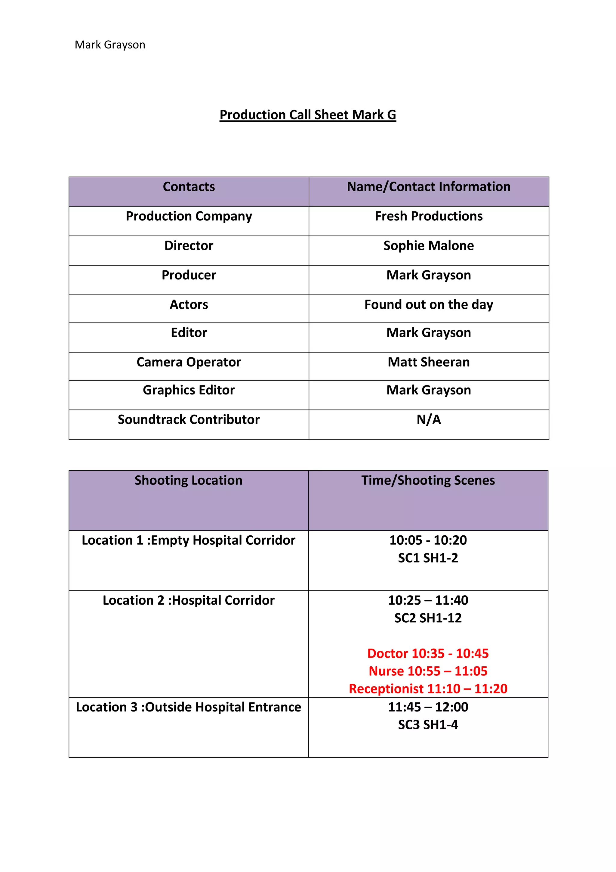 Production call sheet mark g | DOCX