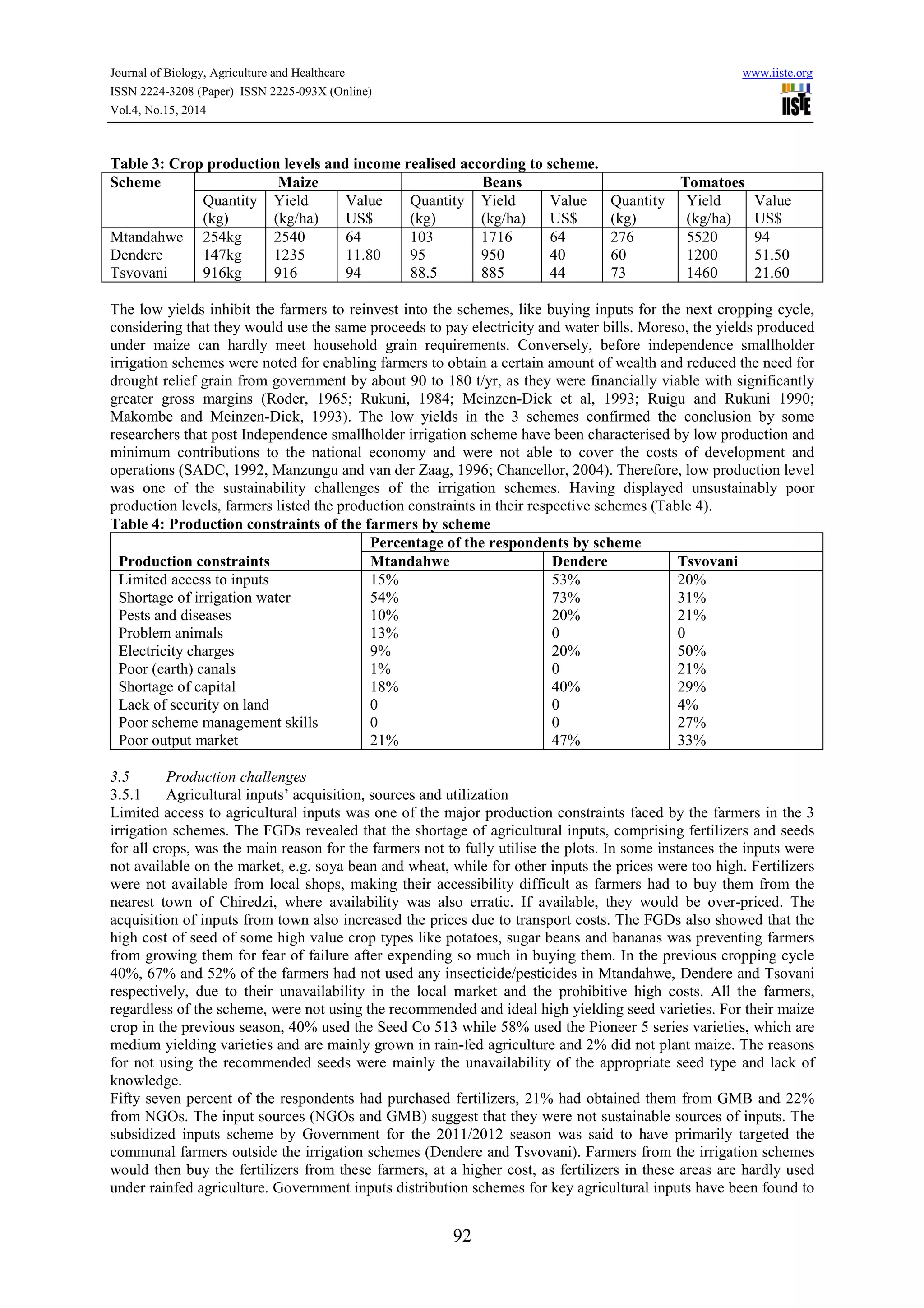 Production challenges and sustainability of smallholder irrigation ...