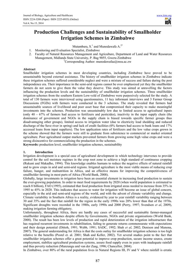 Production challenges and sustainability of smallholder irrigation ...