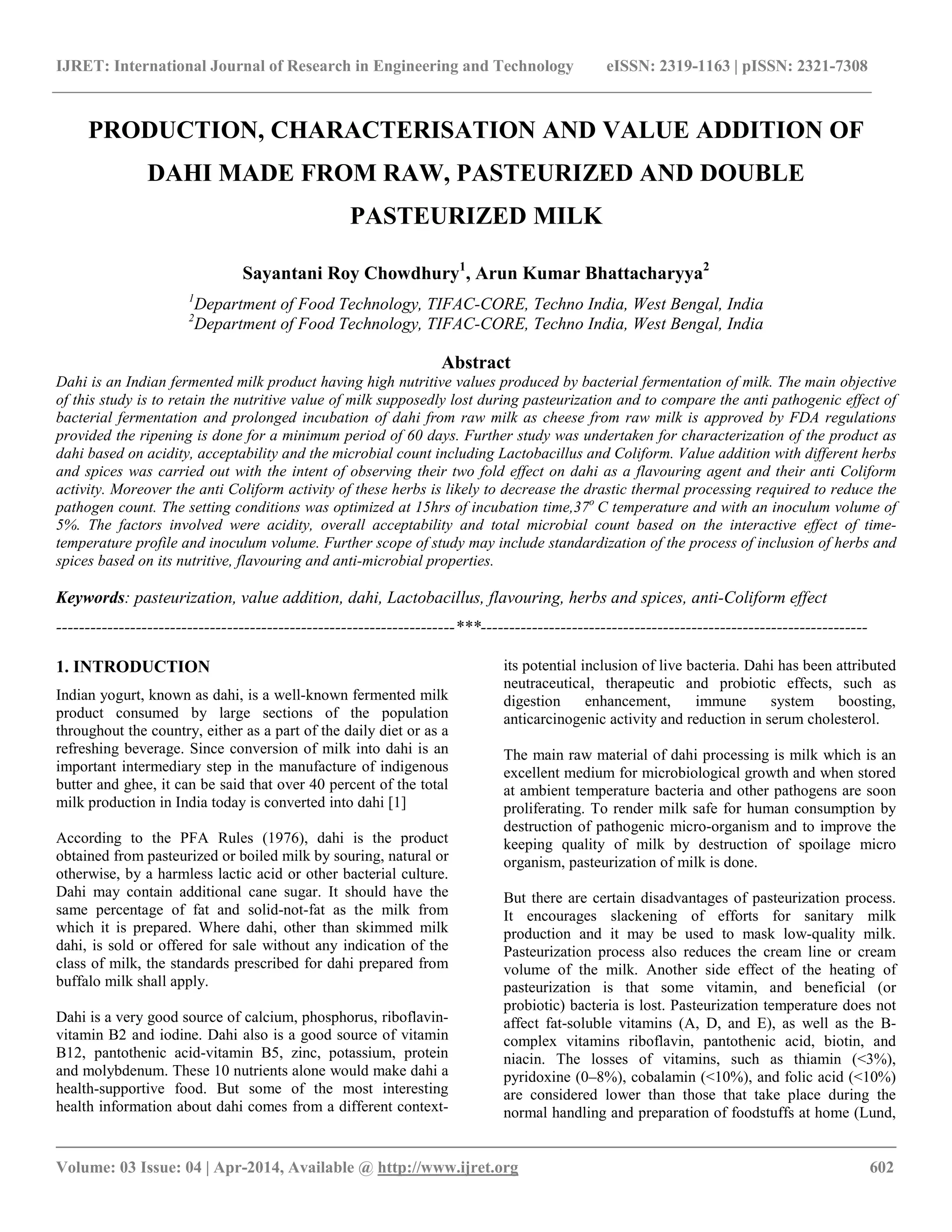 Production, characterisation and value addition of dahi made from raw ...