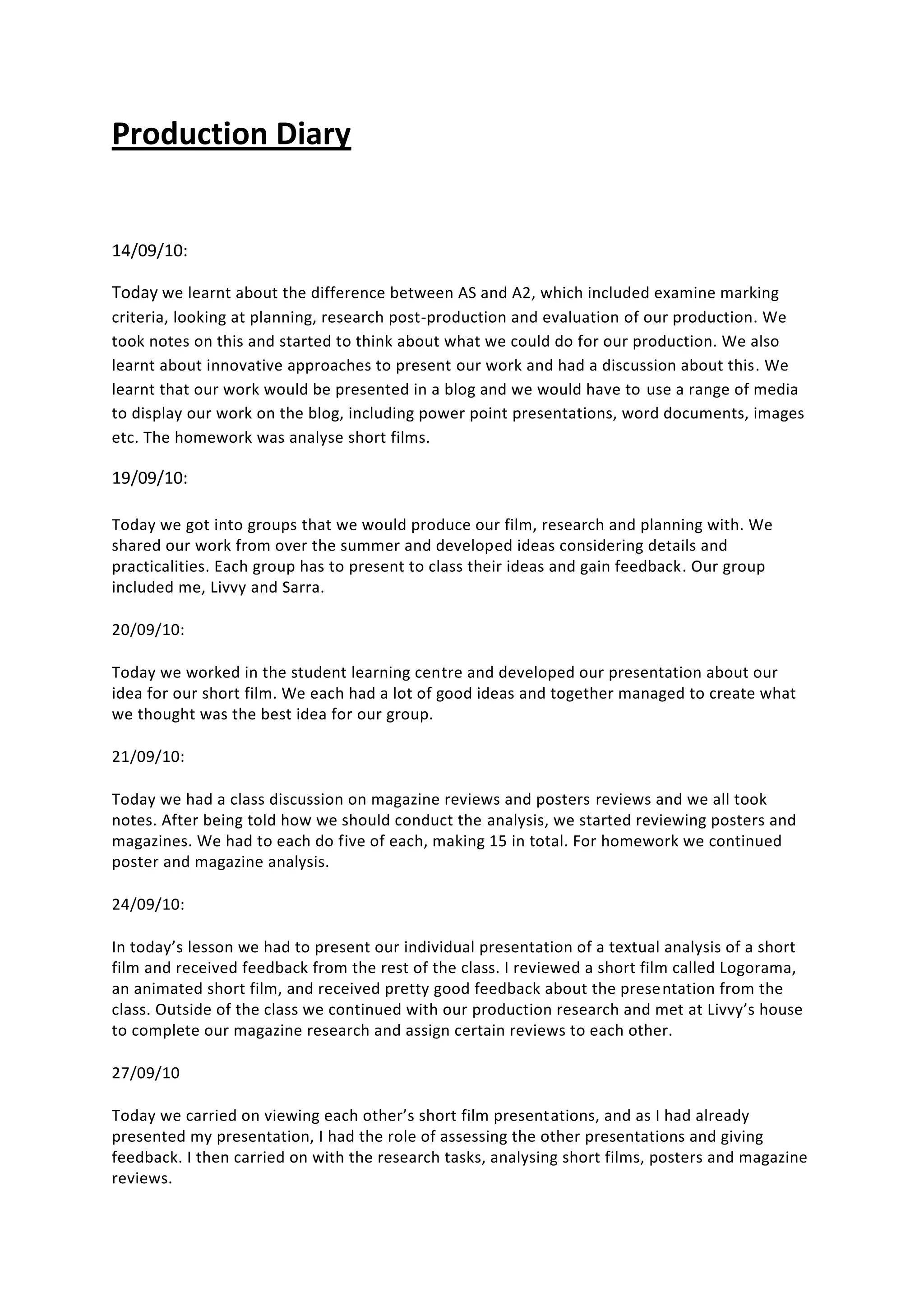 Production diary | DOCX