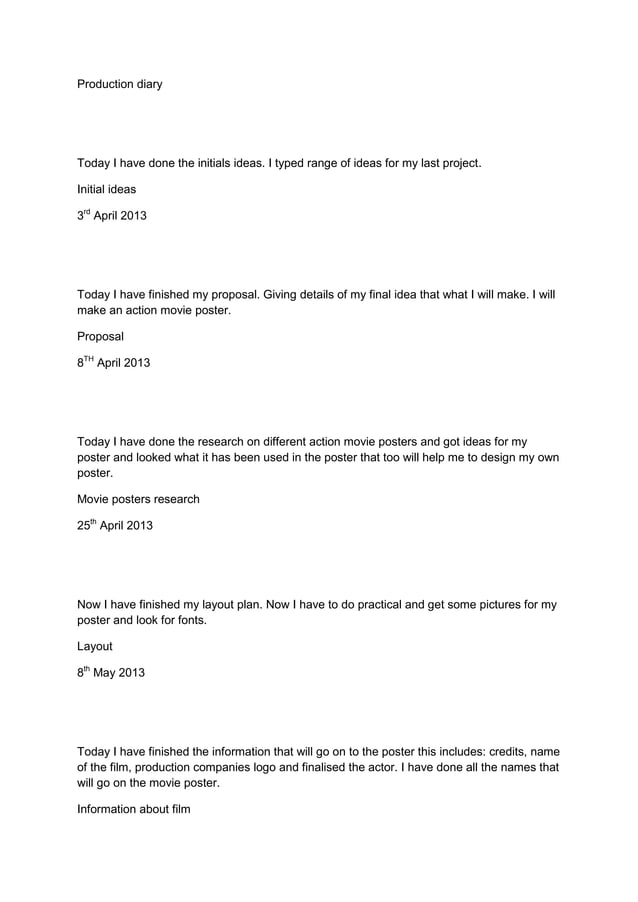 Production diary | DOCX | Design | Fine Art