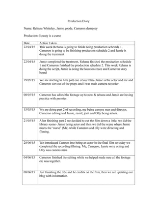 Production diary template (1) | DOC | Video Production | Content Production