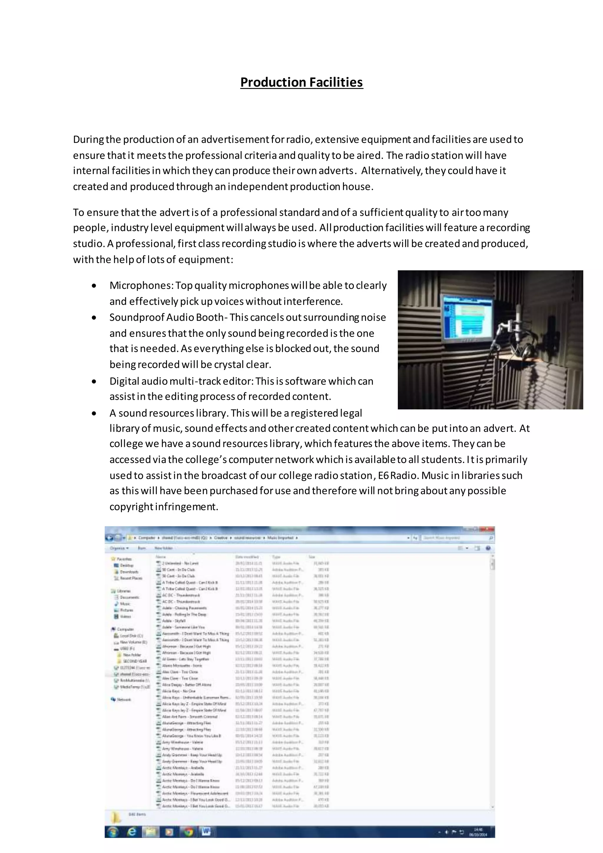 Production Facilities | DOCX | Digital Audio | Computer Software and Applications
