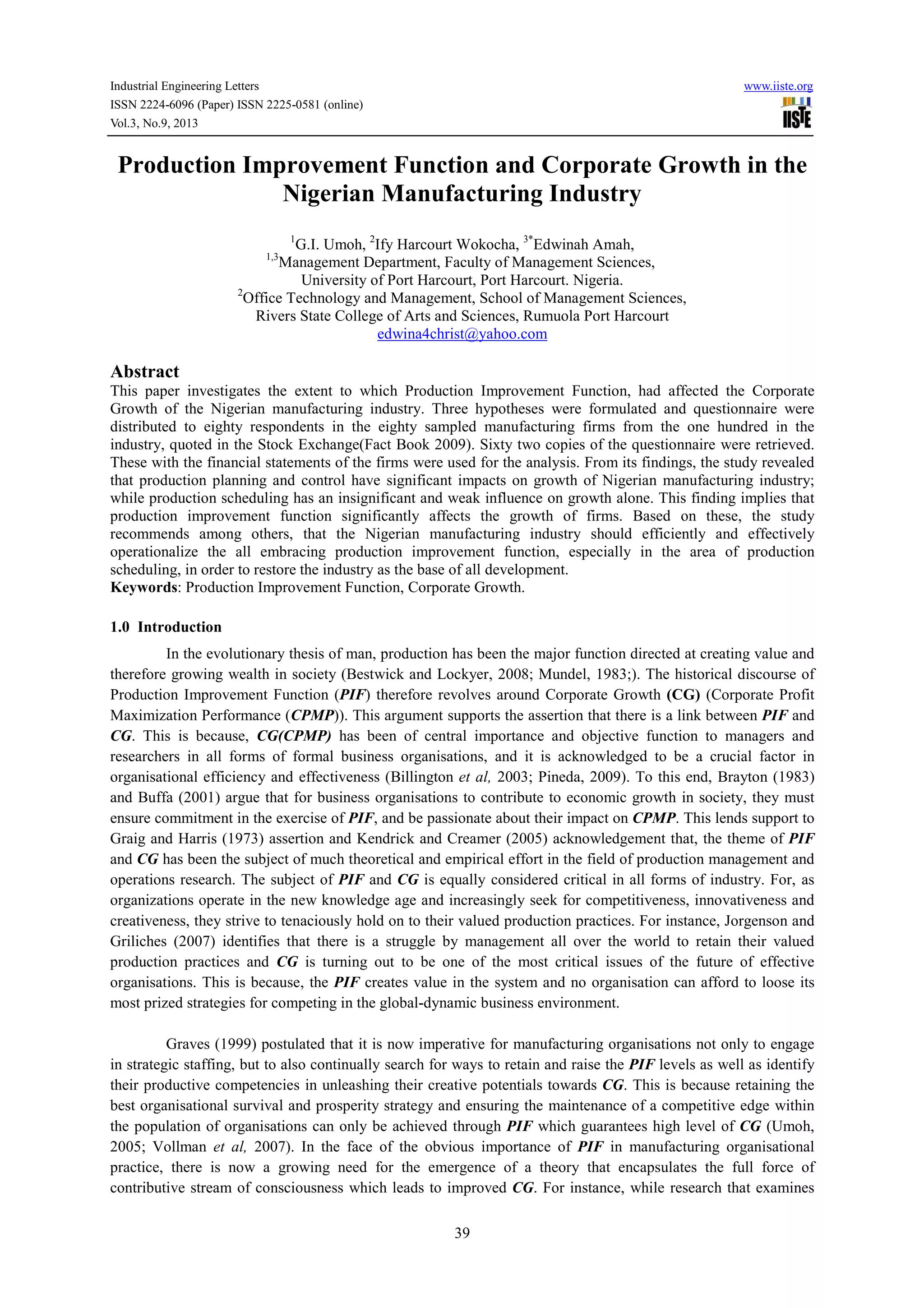 Production improvement function and corporate growth in the nigerian ...