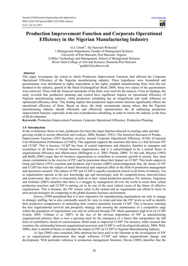 Production improvement function and corporate operational efficiency in the nigerian ...