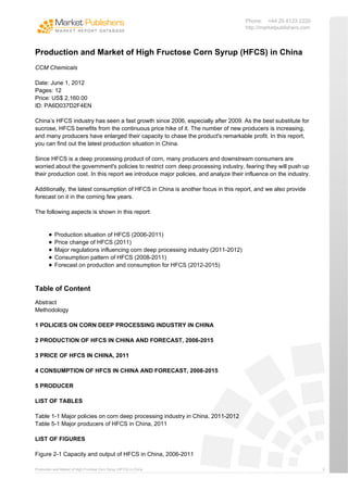 Production and Market of High Fructose Corn Syrup (HFCS) in China | PDF
