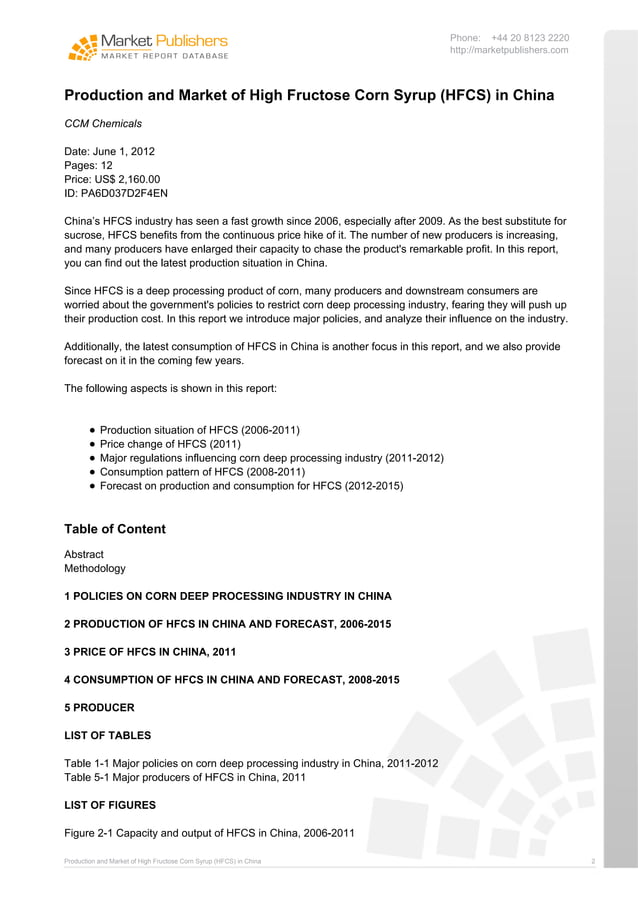 Production and Market of High Fructose Corn Syrup (HFCS) in China | PDF ...