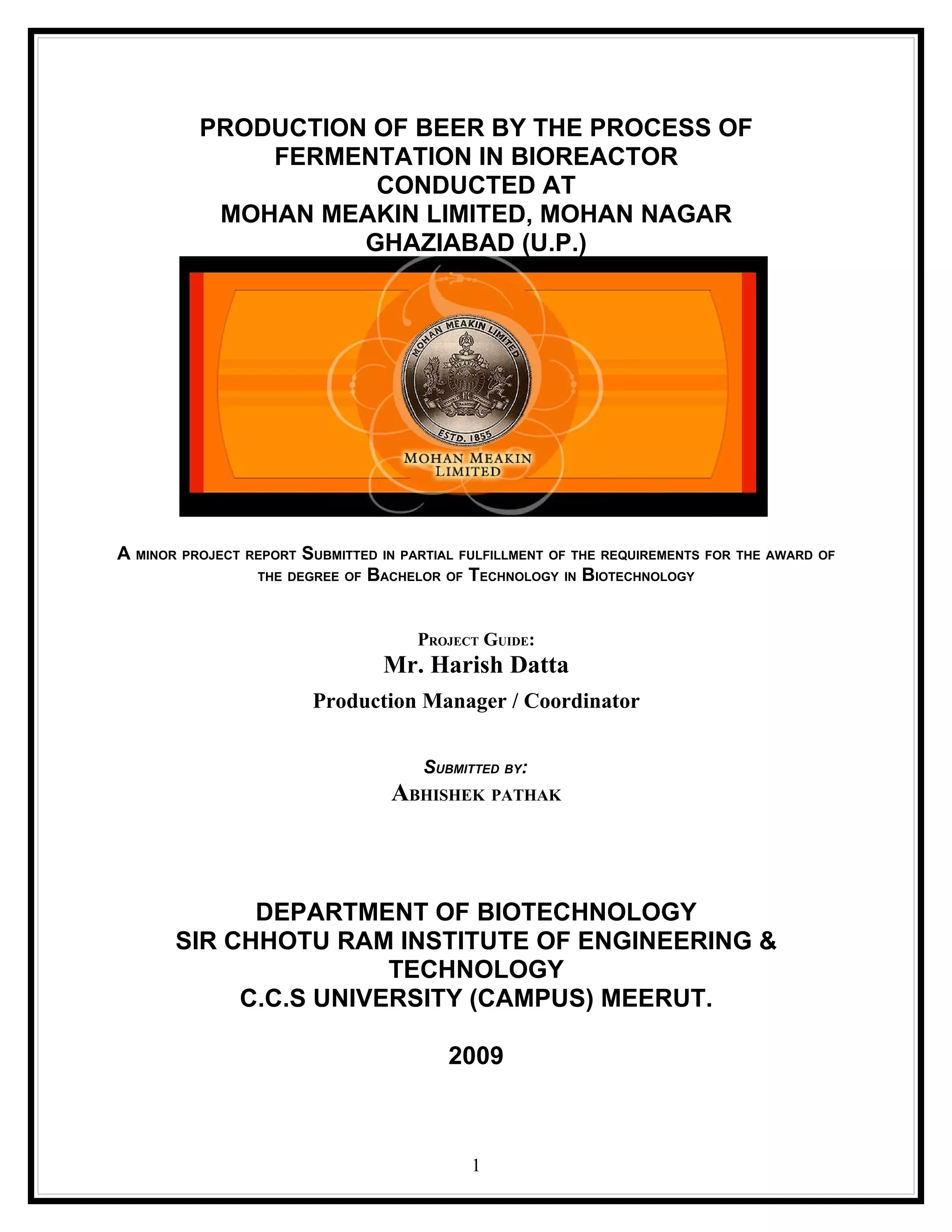 Production Of Beer By The Process Of Fermentation In Bioreactor | DOC