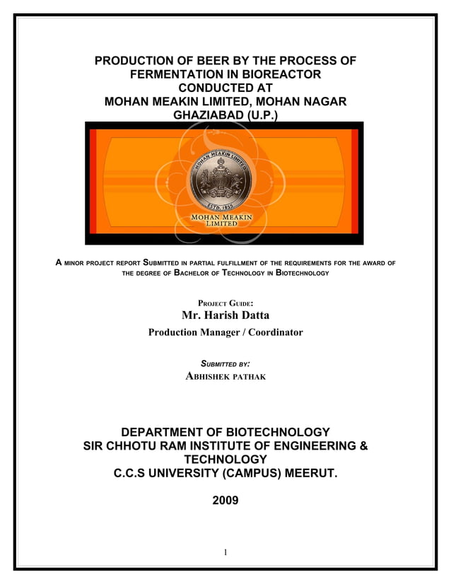 Production Of Beer By The Process Of Fermentation In Bioreactor | DOC ...