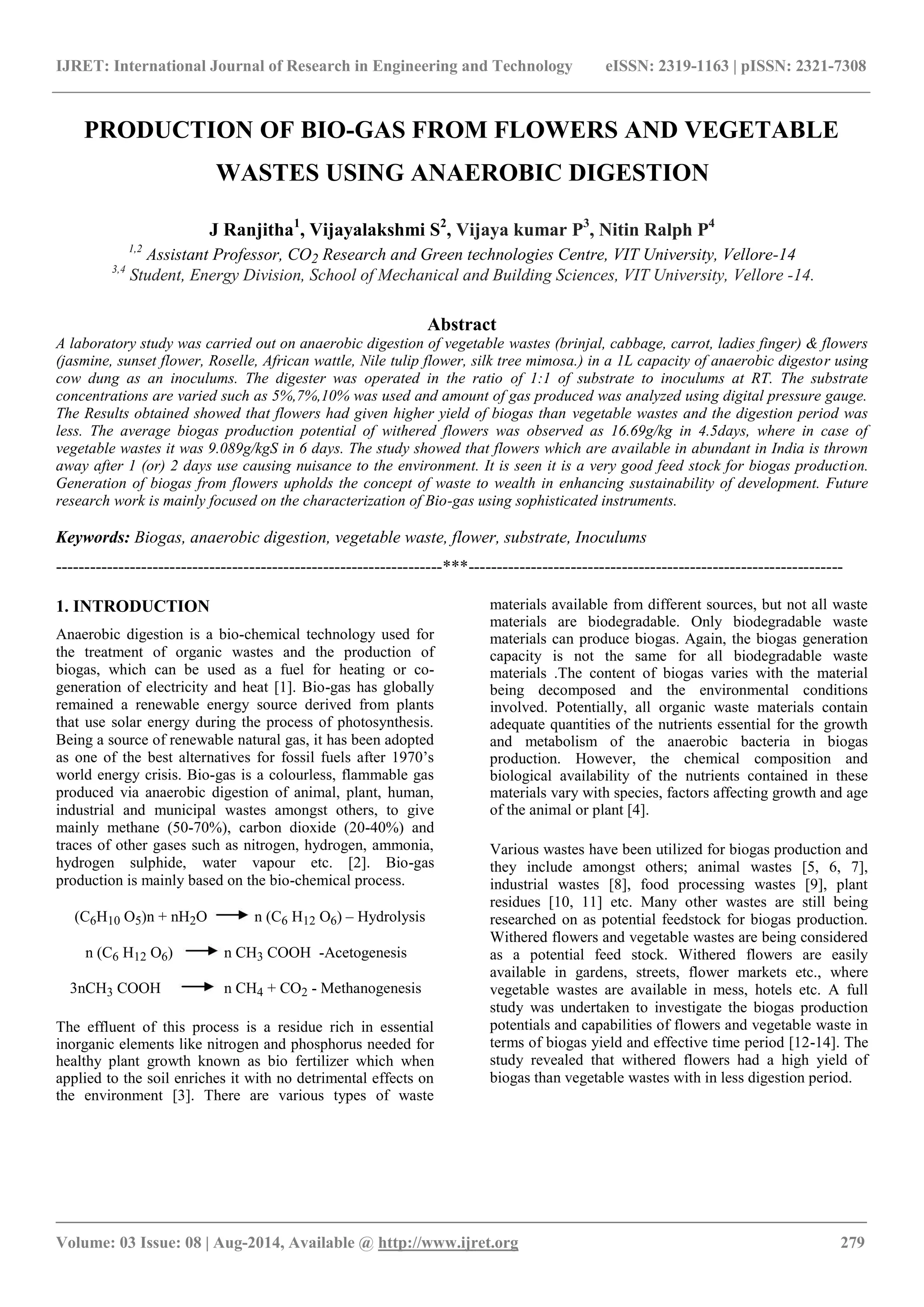 Production of bio gas from flowers and vegetable wastes using anaerobic ...