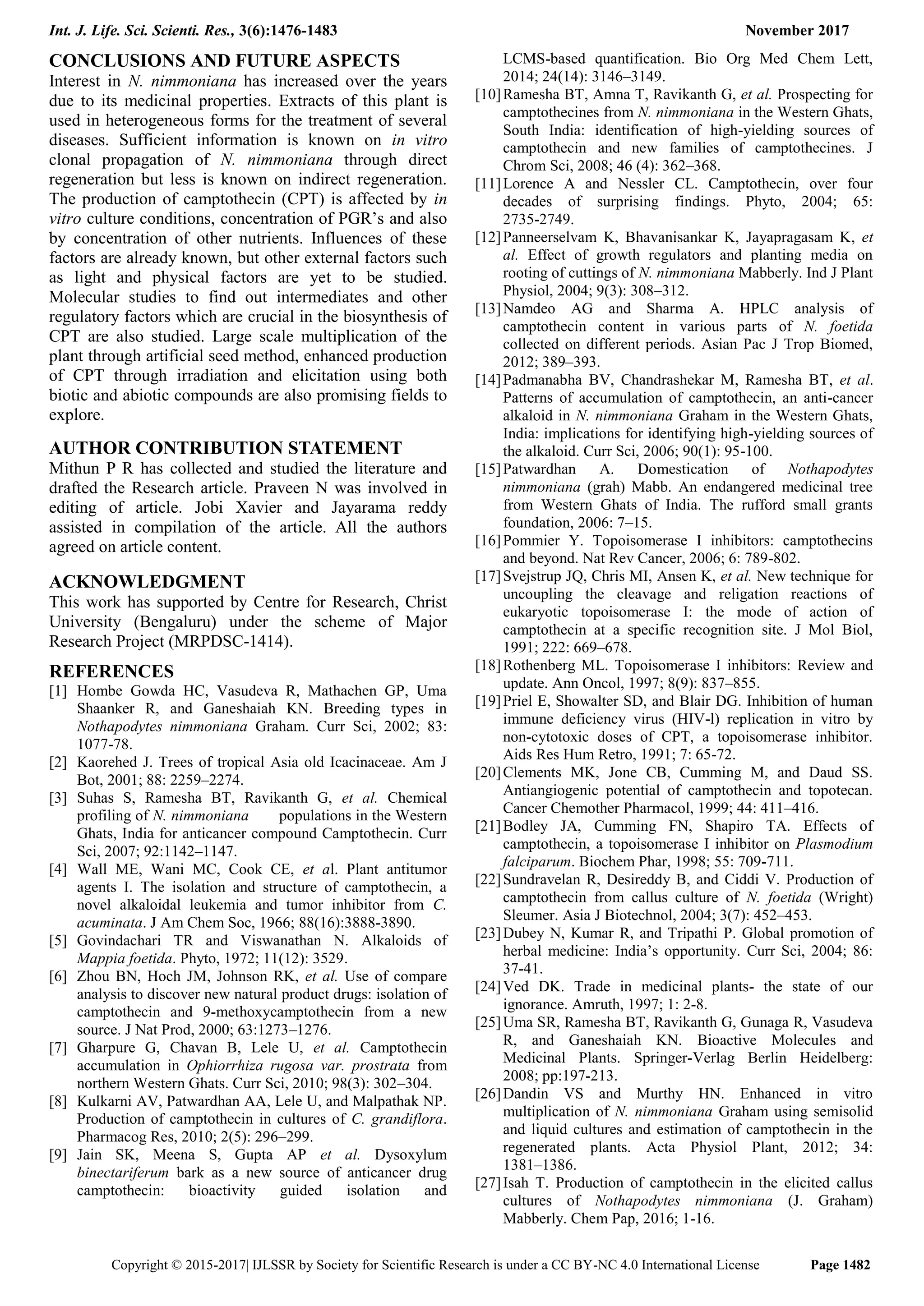 Production of Camptothecin from Nothapodytes nimmoniana: An Overview | PDF