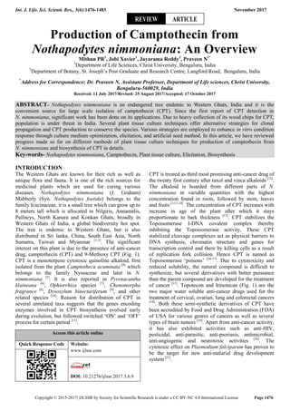 Production of Camptothecin from Nothapodytes nimmoniana: An Overview | PDF