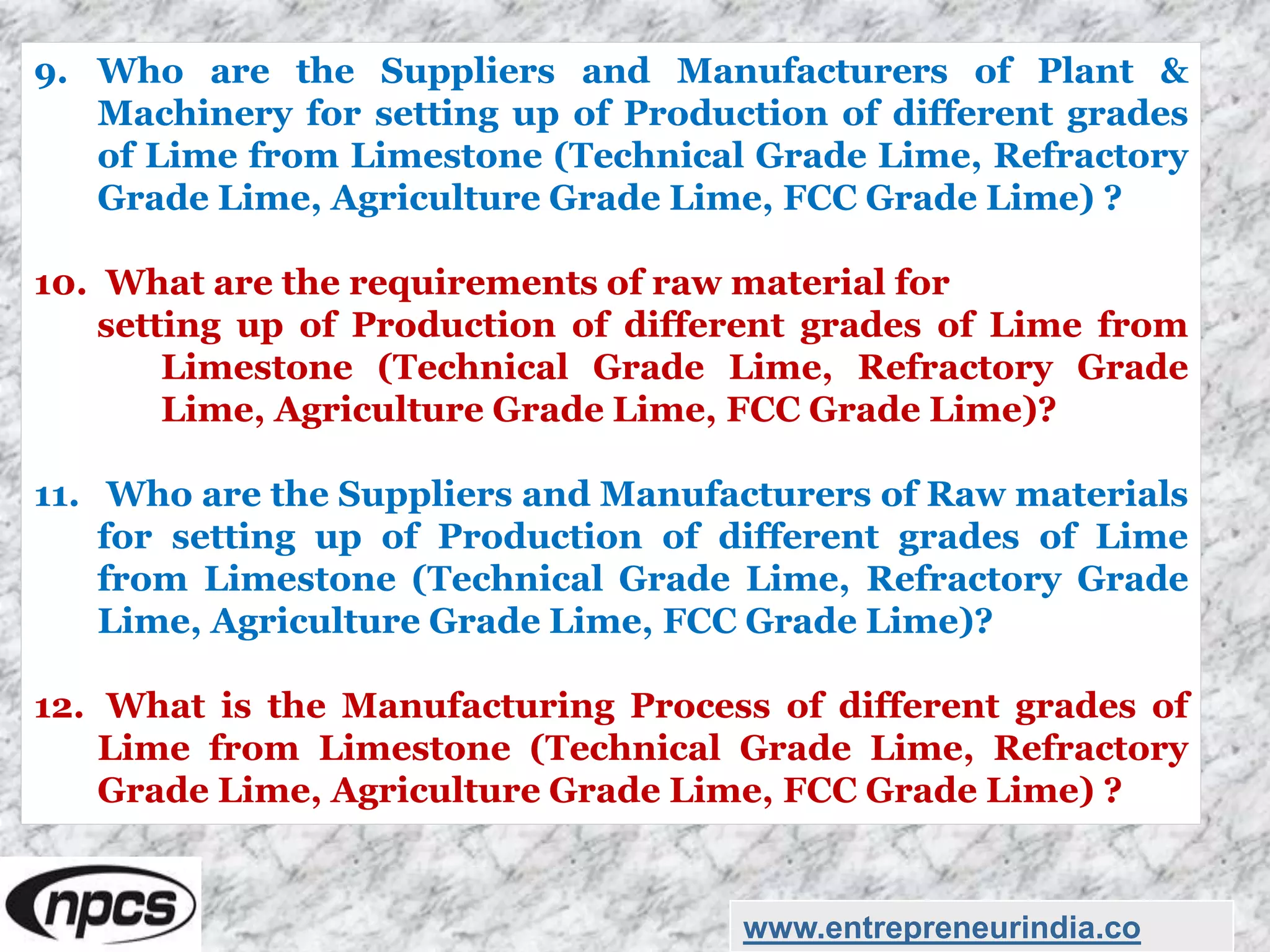 Production of different grades of Lime from Limestone (Technical Grade ...