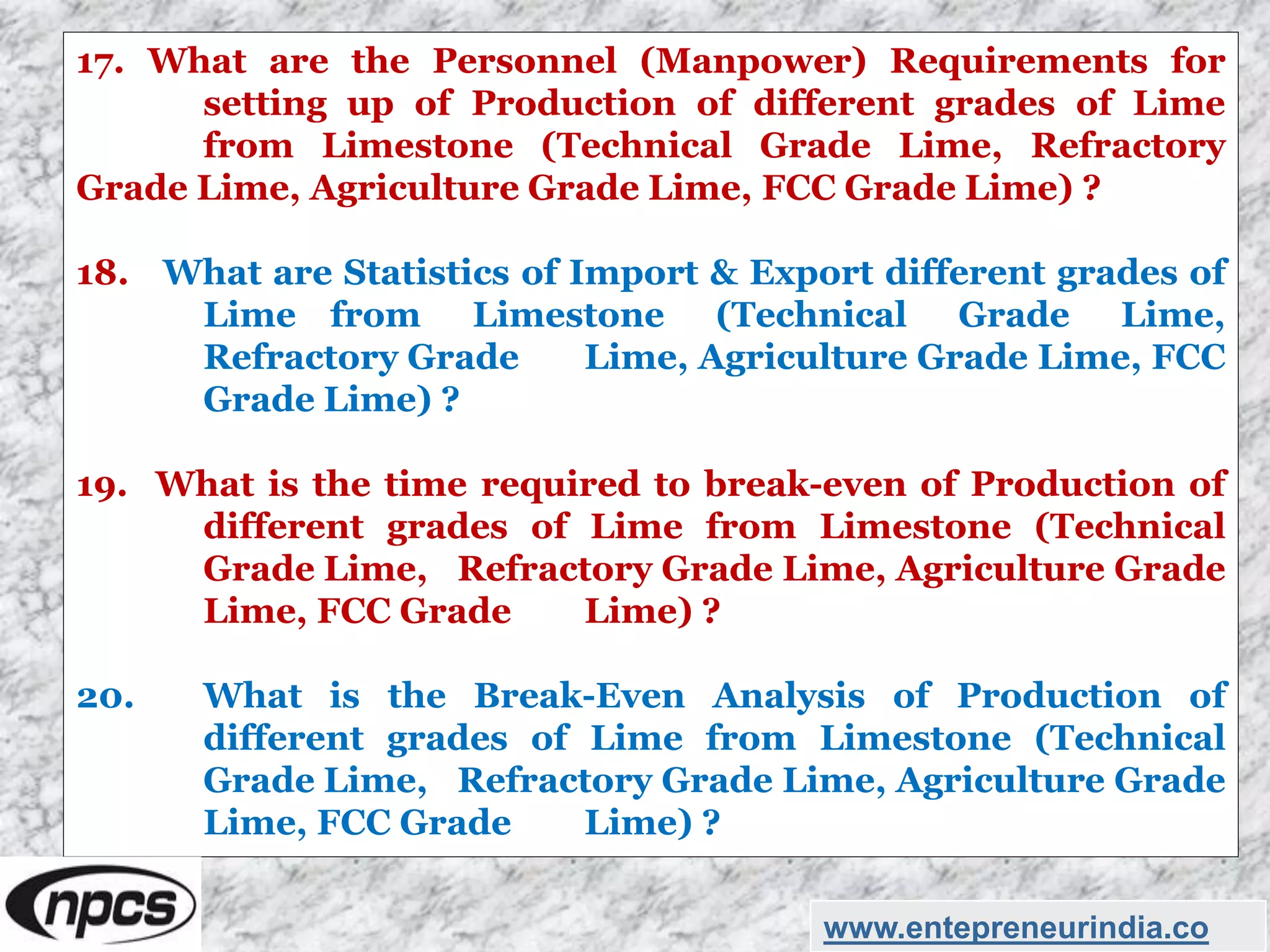 Production of different grades of Lime from Limestone (Technical Grade ...