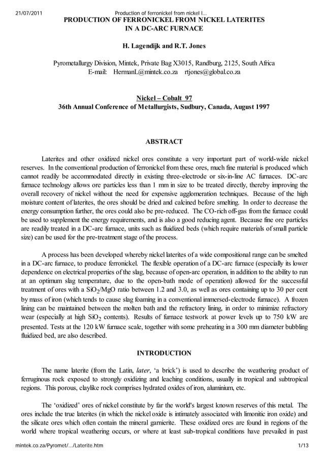 Production of ferronickel from nickel laterites in a dc arc furnace | PDF