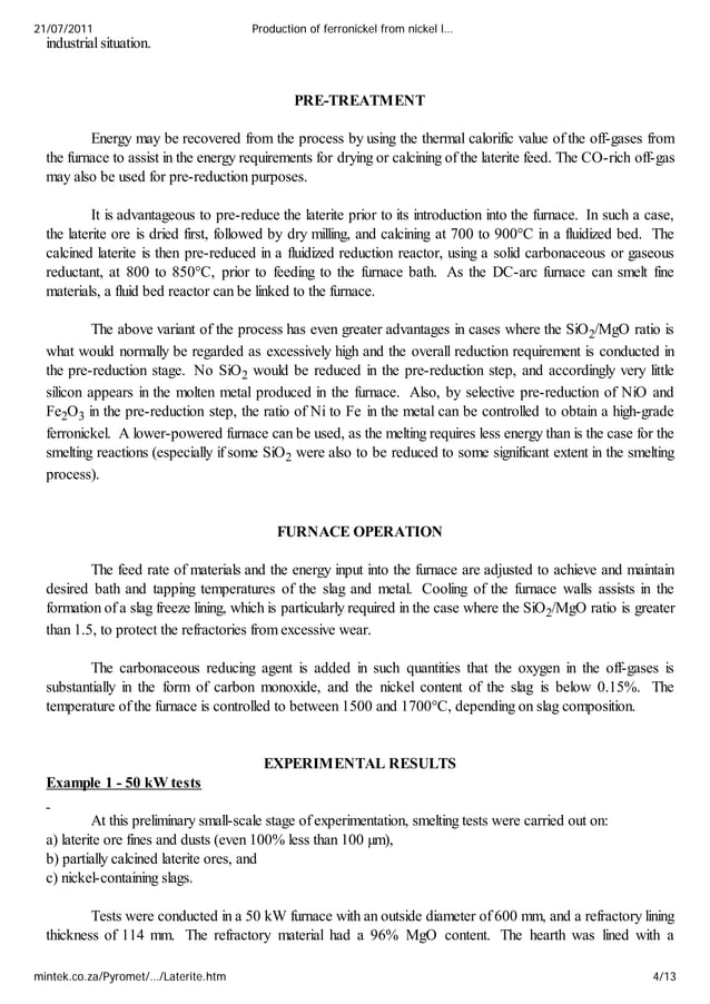 Production of ferronickel from nickel laterites in a dc arc furnace | PDF