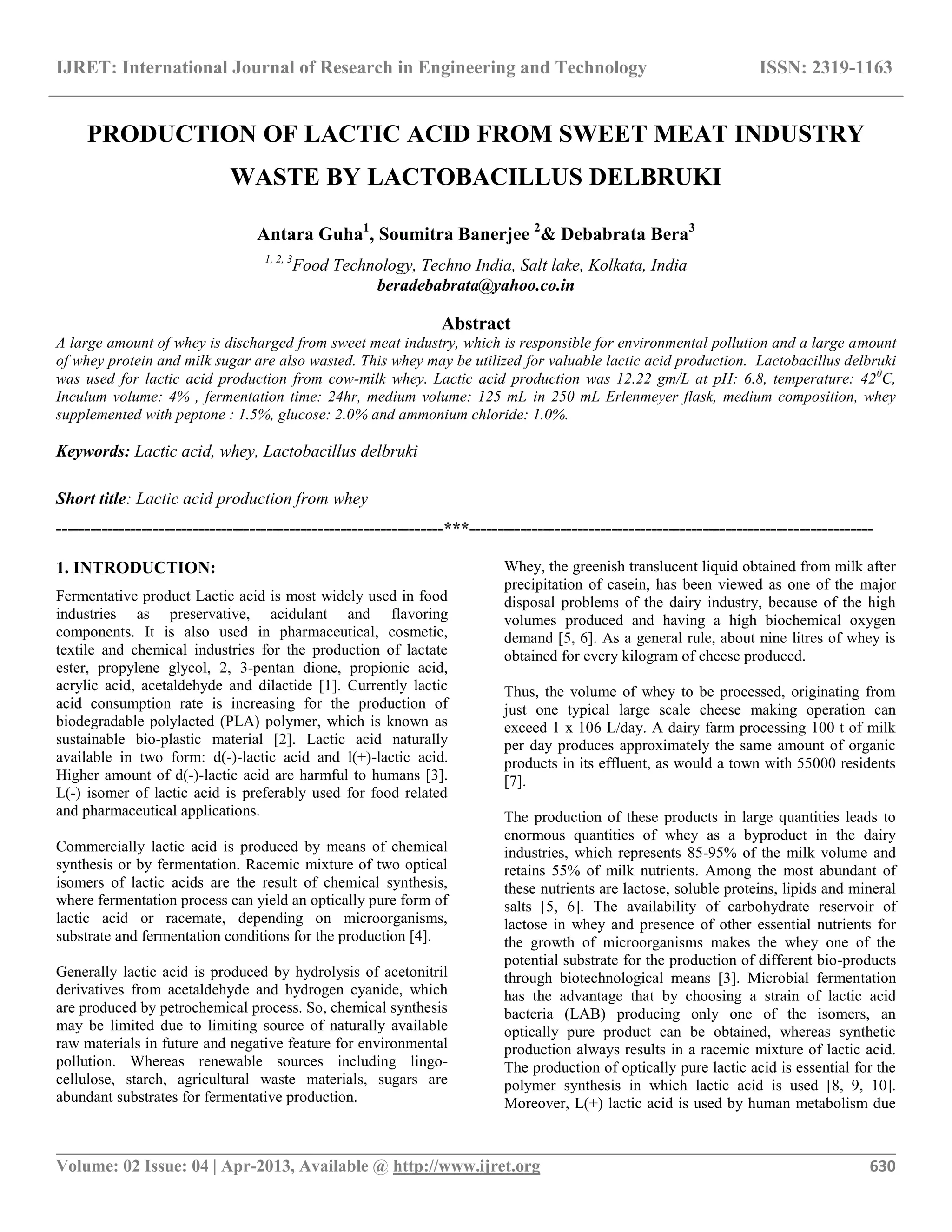 Production of lactic acid from sweet meat industry waste by ...