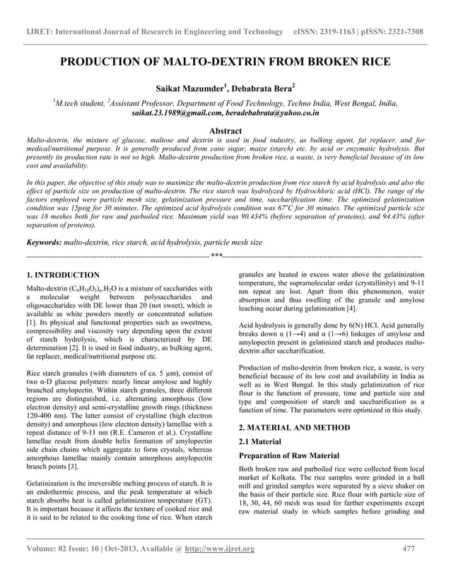 Production of malto dextrin from broken rice | PDF