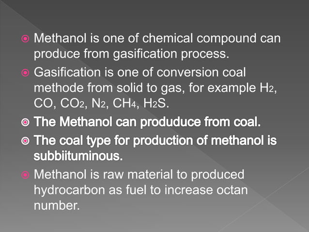 Production of methanol from coal | PPTX | Chemistry | Science