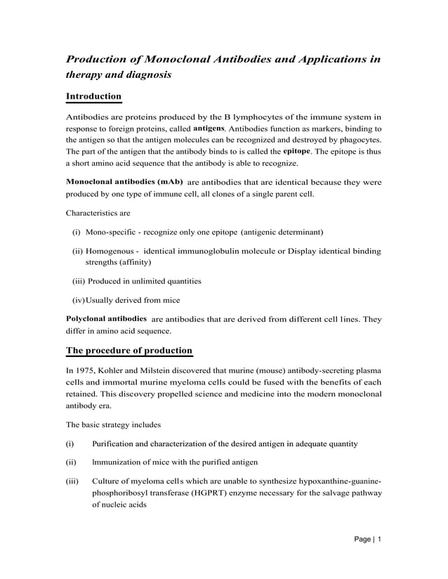 Production of monoclonal antibodies and applications in therapy and diagnosis | PDF
