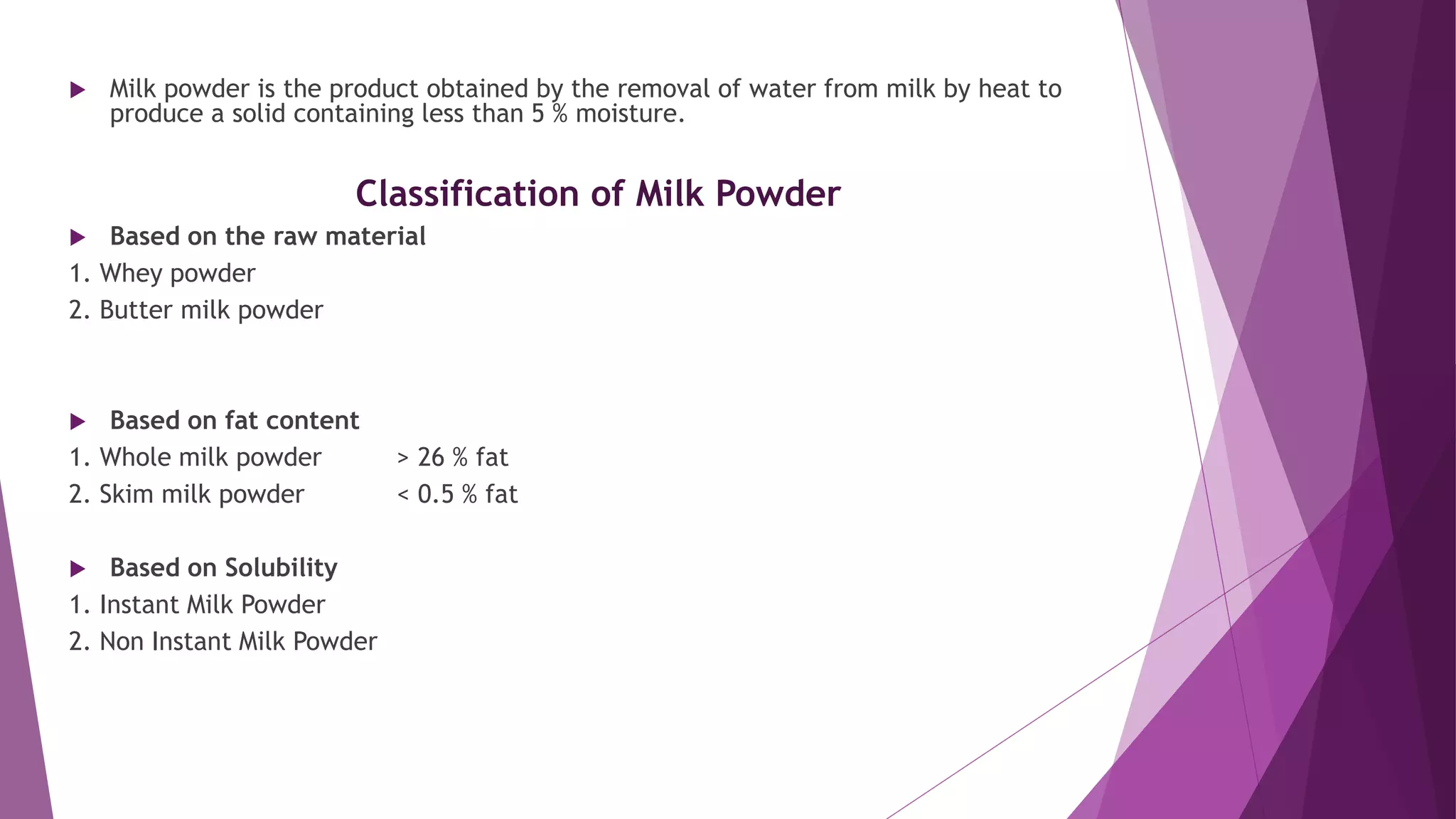 Production of pasteurised milk, ice cream, dried milk powder, and ...
