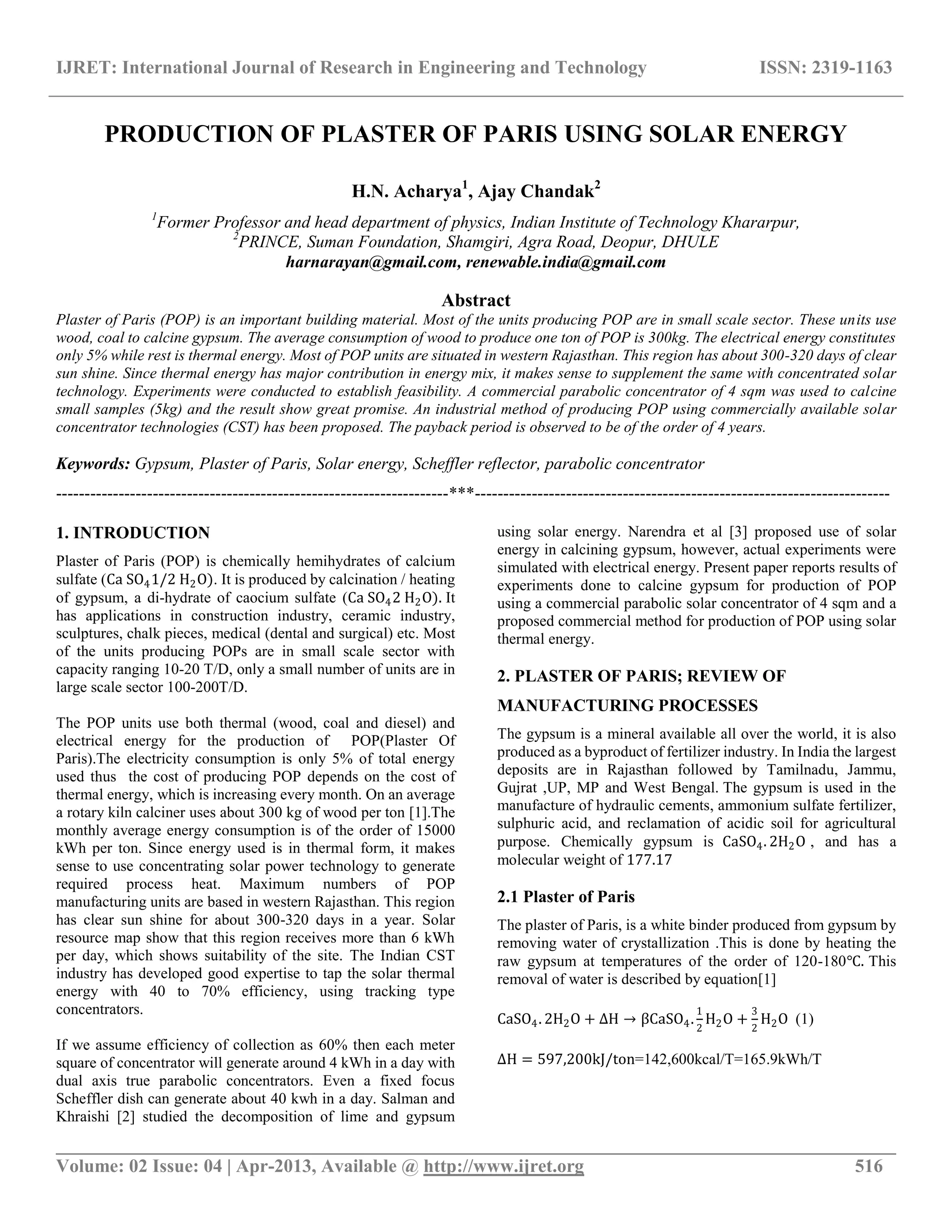 Production of plaster of paris using solar energy | PDF